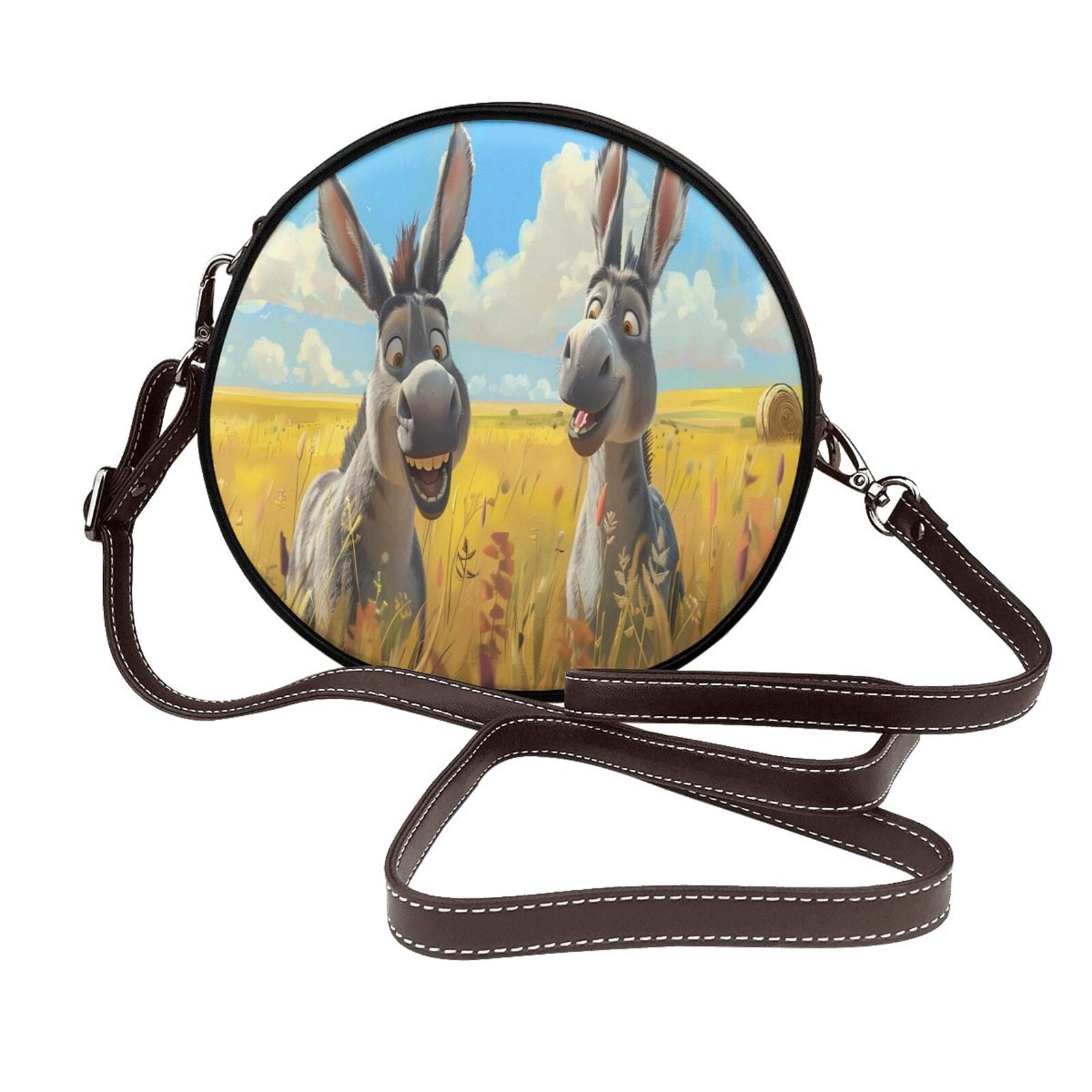 Zufioo Funny Countryside Donkey Print Leather Shoulder Round Bag ...