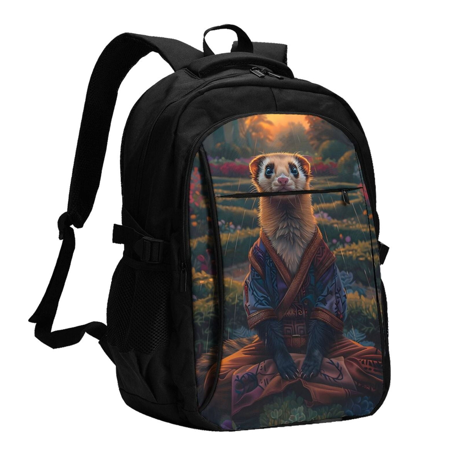 Zufioo Garden Meditating Weasel Print USB Backpack, Multi-Pocket Design ...