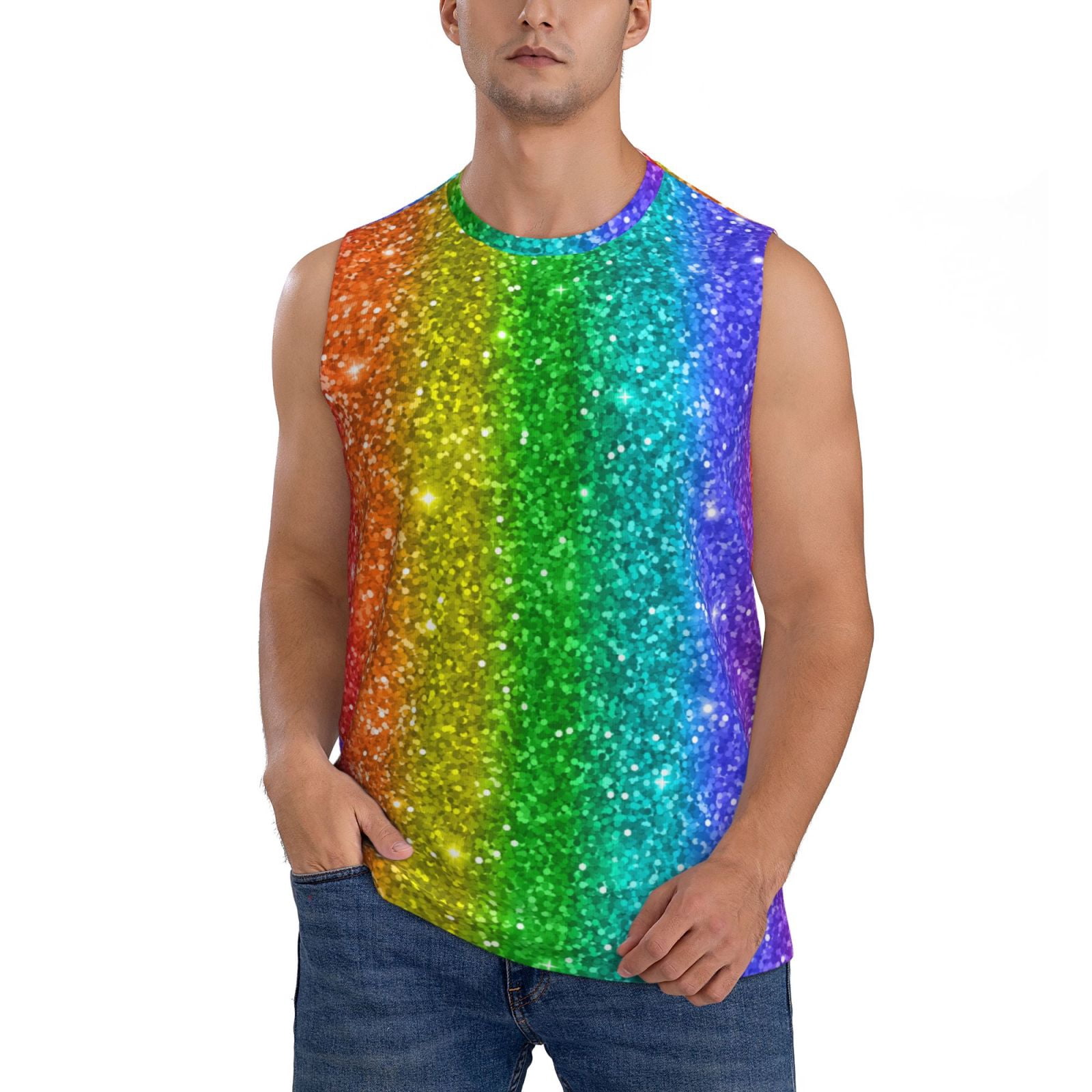 Zufioo Glitter Rainbow Men's Tank Top,Men's Sleeveless Muscle Shirts ...