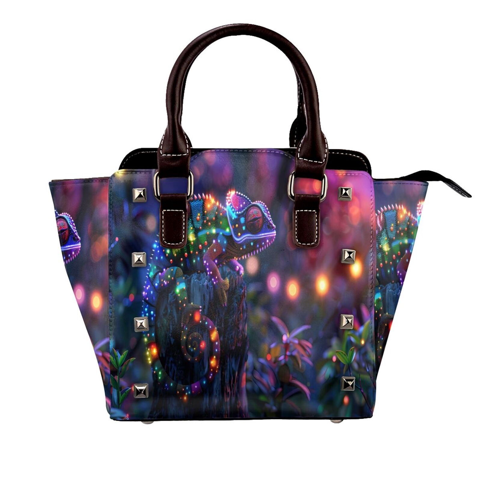 Zufioo Glowing Chameleon Fantasy Art Print Leather Rivet Shoulder Bag ...