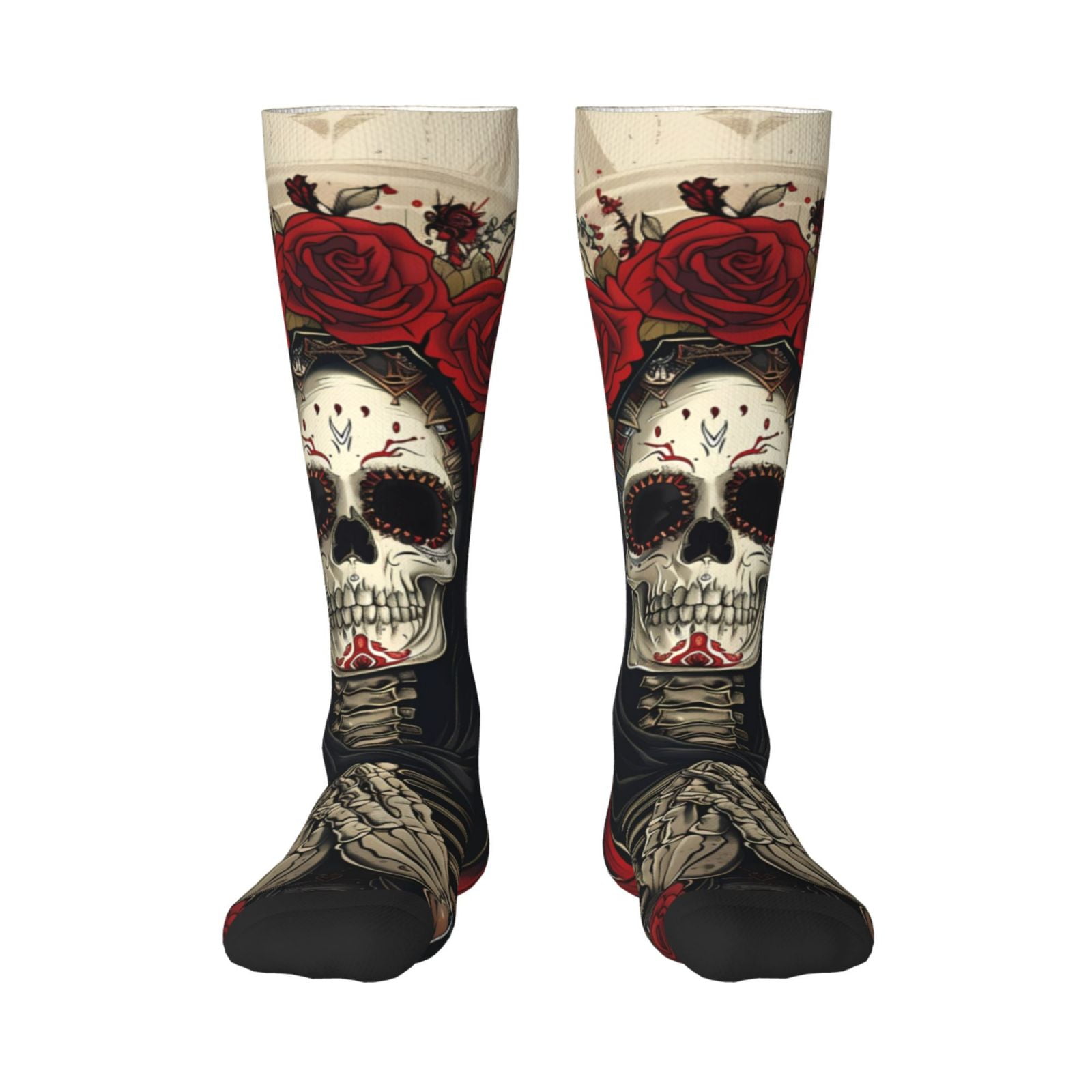Zufioo Gothic Skull With Roses Print Long High Thigh Socks Knee-High ...
