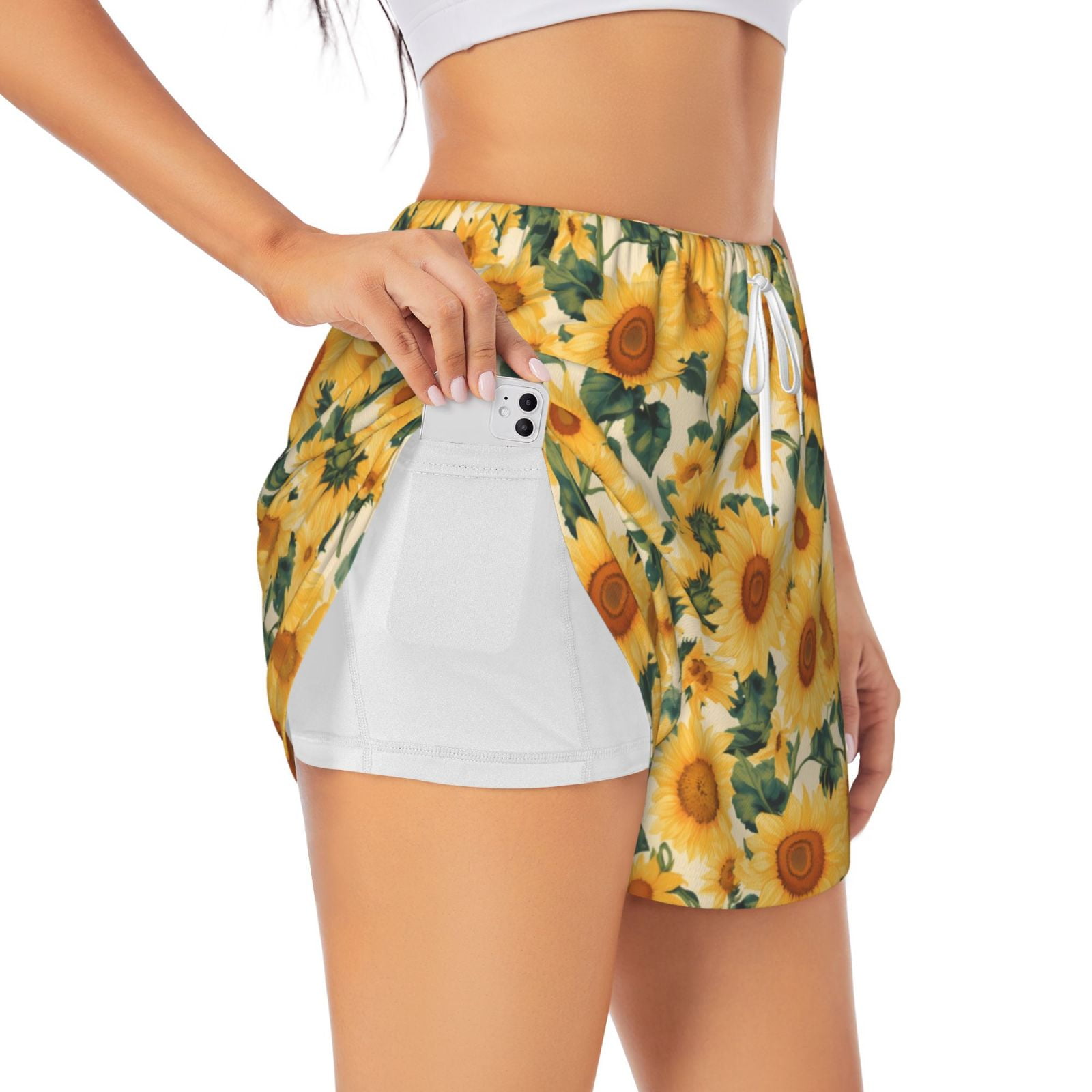 Zufioo Green Leaf Sunflower Print Women's Double Layered Sports Shorts ...