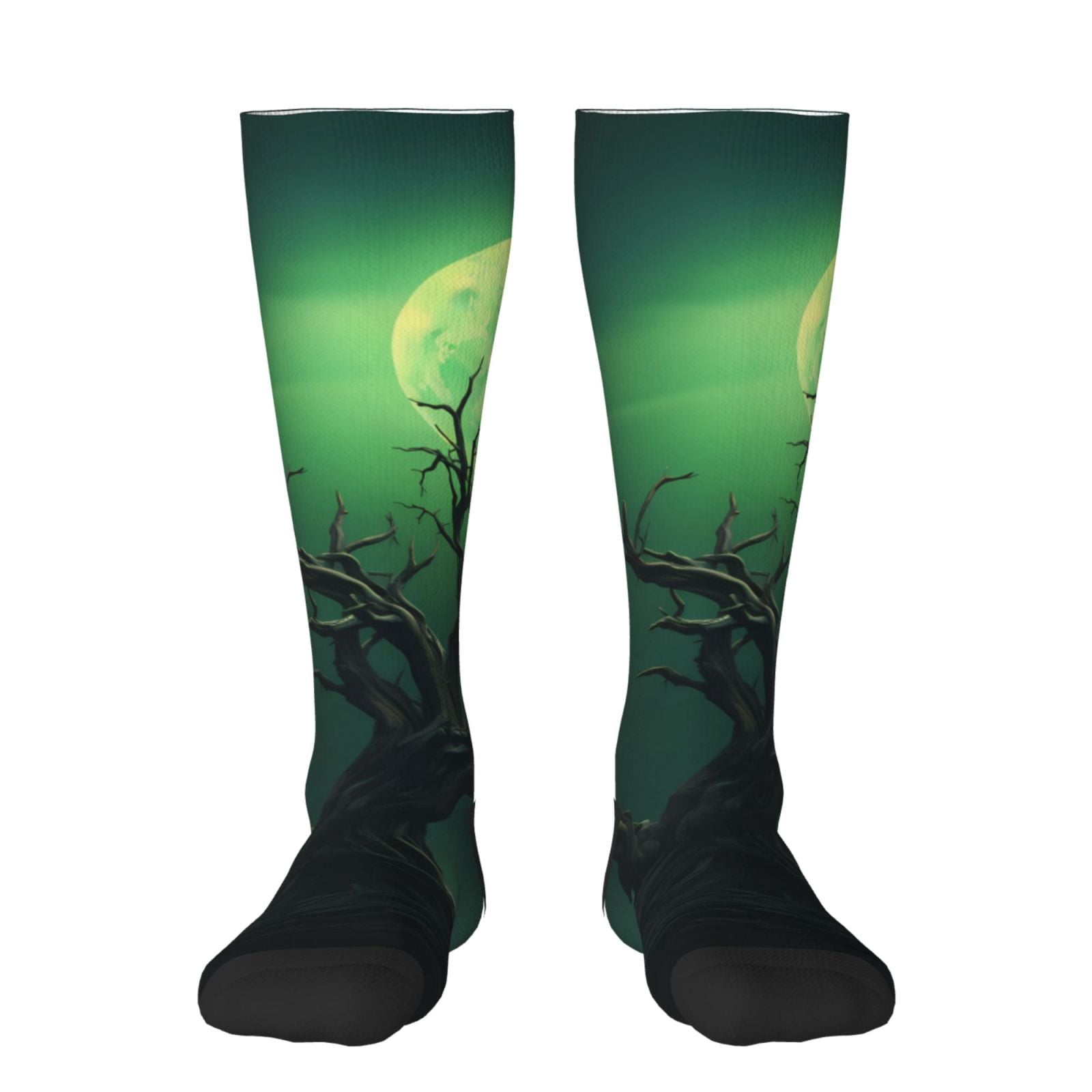 Zufioo Green Night Sky Moon Branches Print Long High Thigh Socks Knee ...