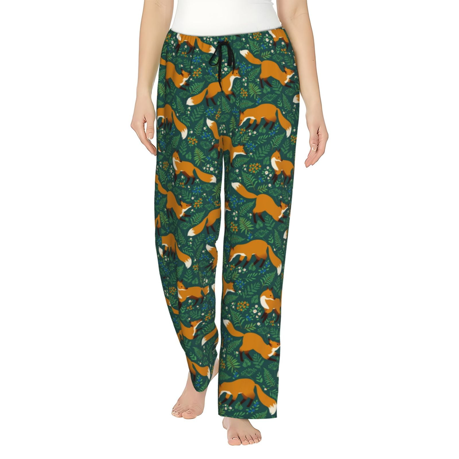 Zufioo Green Plants with Fox Women Pajama Pants Drawstring Pajama Pants Wide Leg Casual Lounge ...