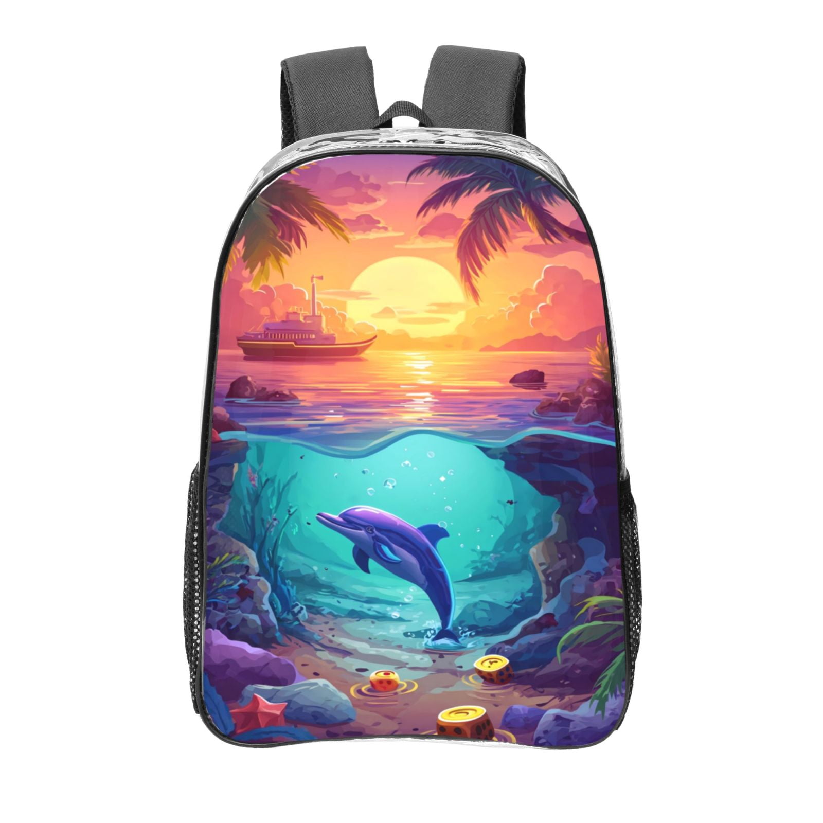 Zufioo Hawaiian Island Dolphin Print Transparent Backpack, 16-inch PVC ...