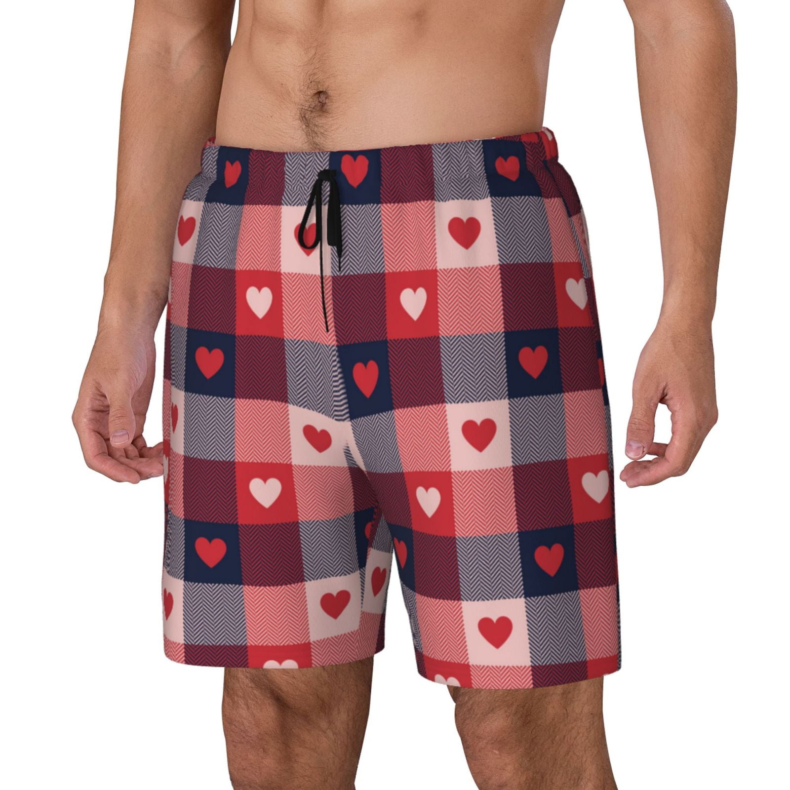Zufioo Heart Plaid Mens Swimsuit Trunks with Compression Liner,Quick ...