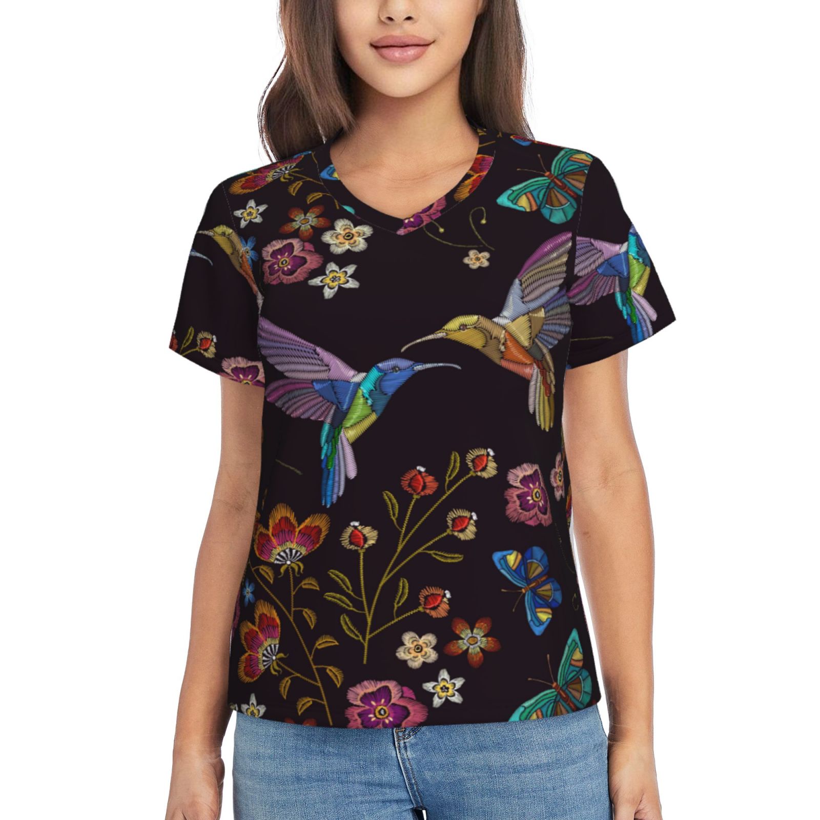 Zufioo Humming Bird Print Women's Classic V-neck T-shirt, V-neck Short ...