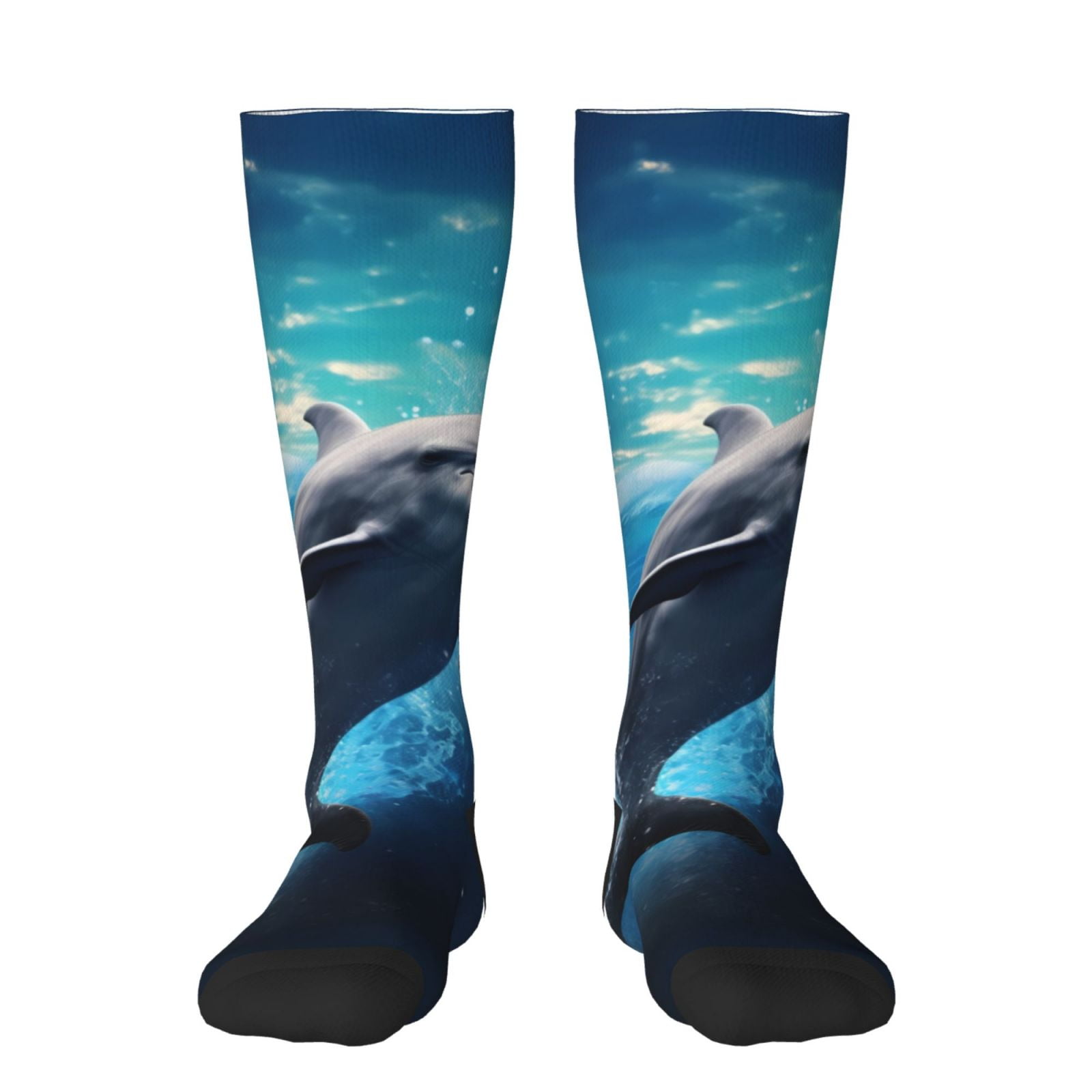 Zufioo Ice Blue Ocean Cute Dolphin Print Long High Thigh Socks Knee-High Warm Stocking Women ...