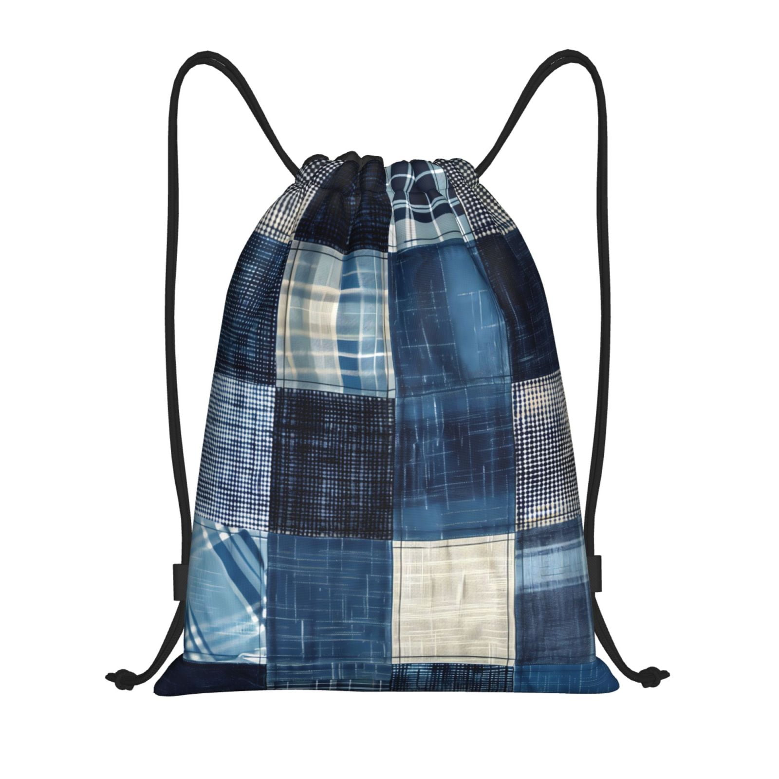 Zufioo Indigo Patchwork Quilt Sports Cinch Sack Gym String Bags Machine Washable Heavy Duty ...