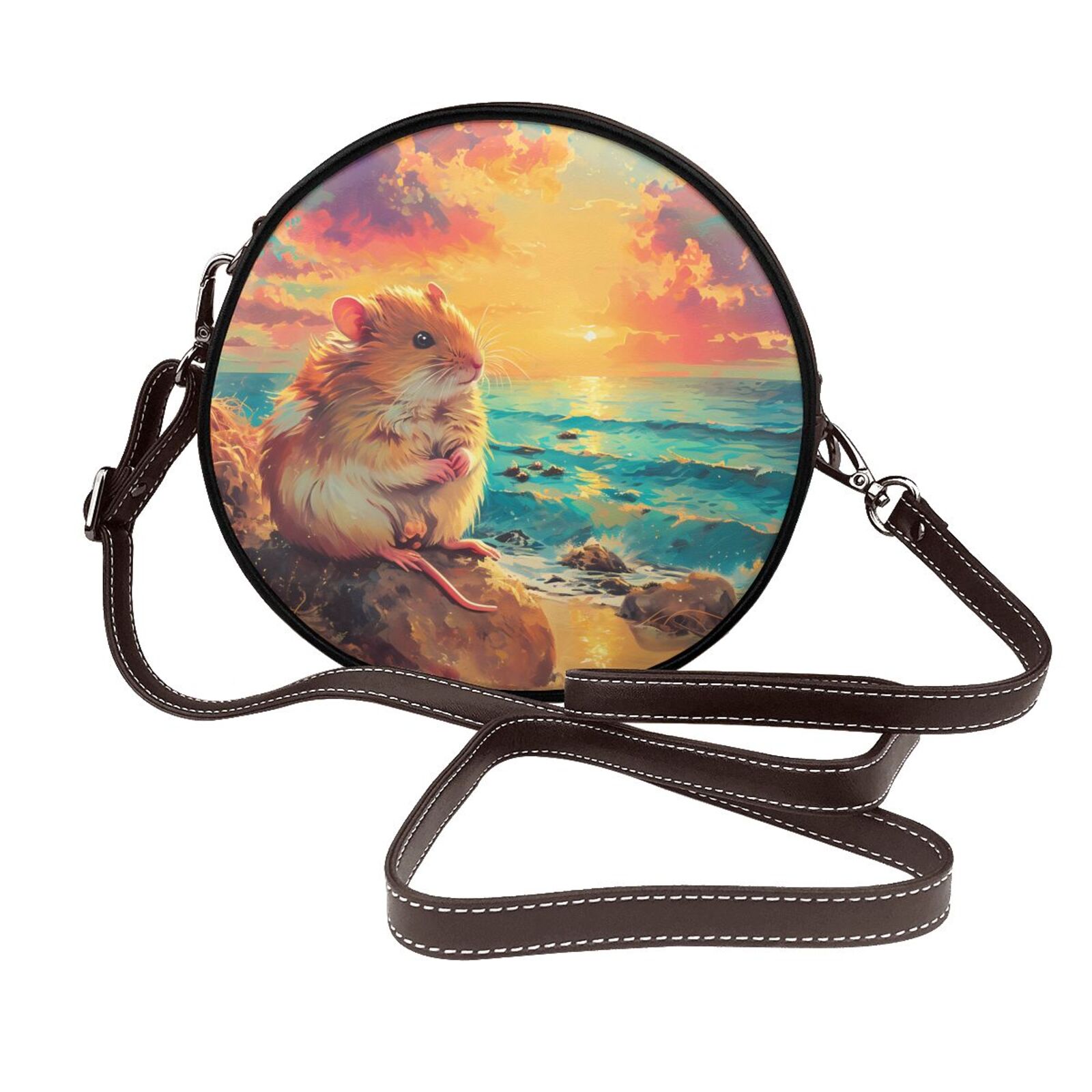 Zufioo Island Beach Guinea Pig Print Leather Shoulder Round Bag ...