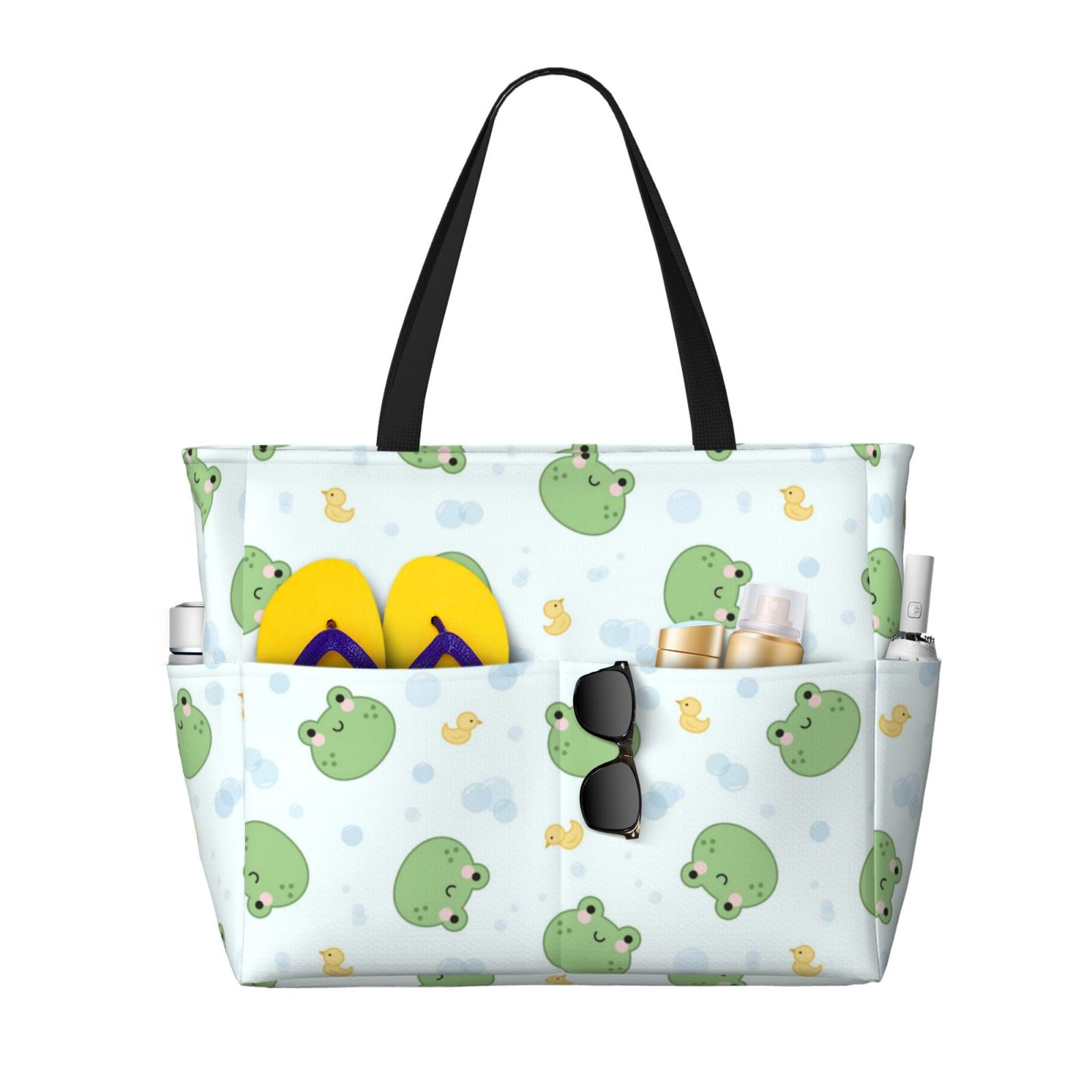 Zufioo Kawaii Frogs Print Large Capacity Beach Travel Bag, Zippered ...
