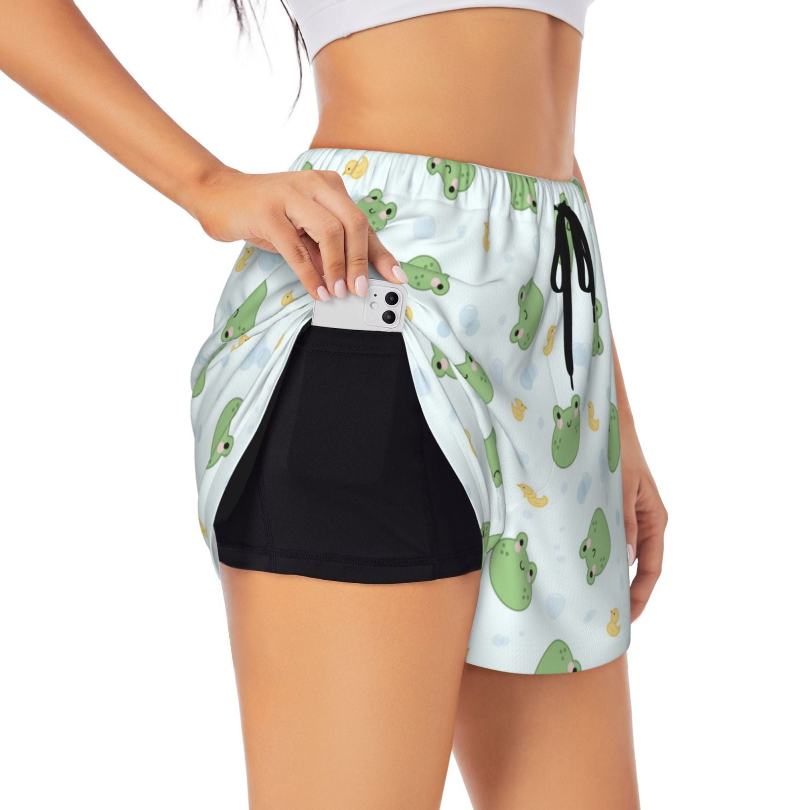Zufioo Kawaii Frogs Print Women's Double Layered Sports Shorts with ...