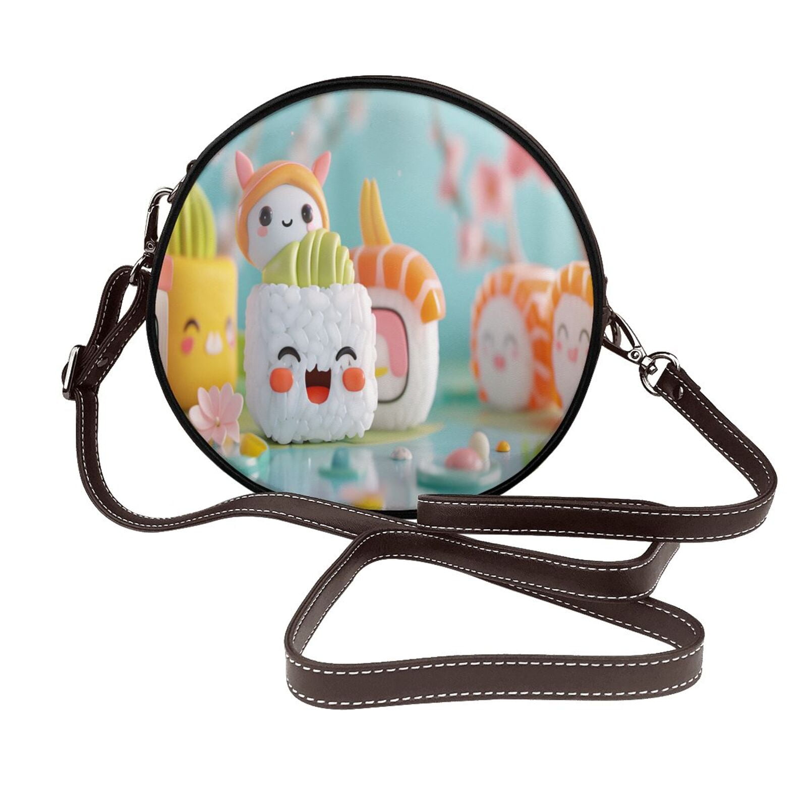 Zufioo Kawaii Sushi Characters Delight Print Leather Shoulder Round Bag ...