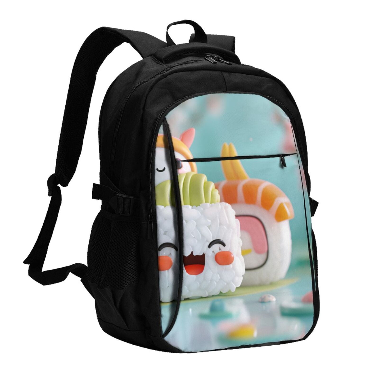 Zufioo Kawaii Sushi Characters Delight Print USB Backpack, Multi-Pocket ...