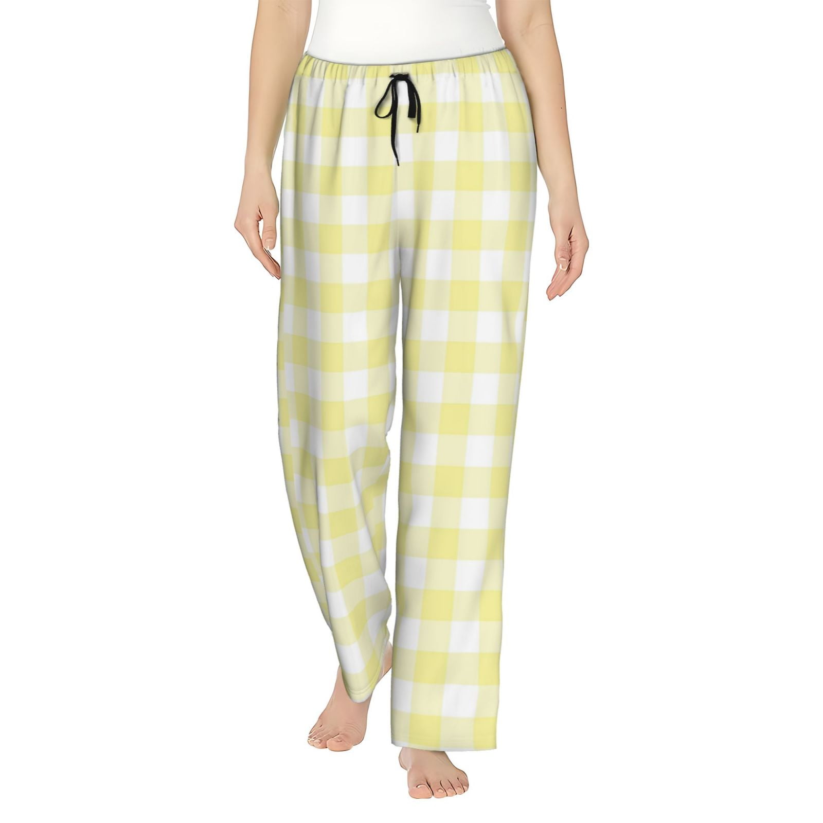 Zufioo Lemon Yellow Checkboard Women Pajama Pants Drawstring Pajama ...