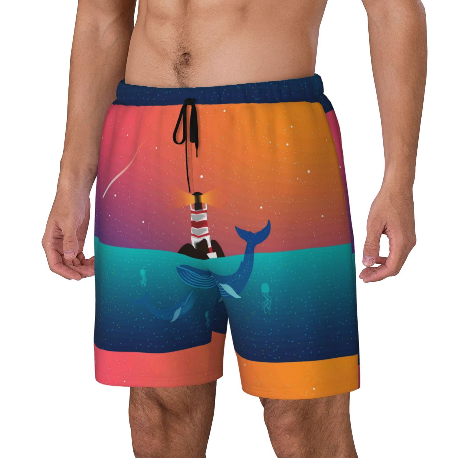 Zufioo Lighthouse and Whale Mens Swimsuit Trunks with Compression Liner ...
