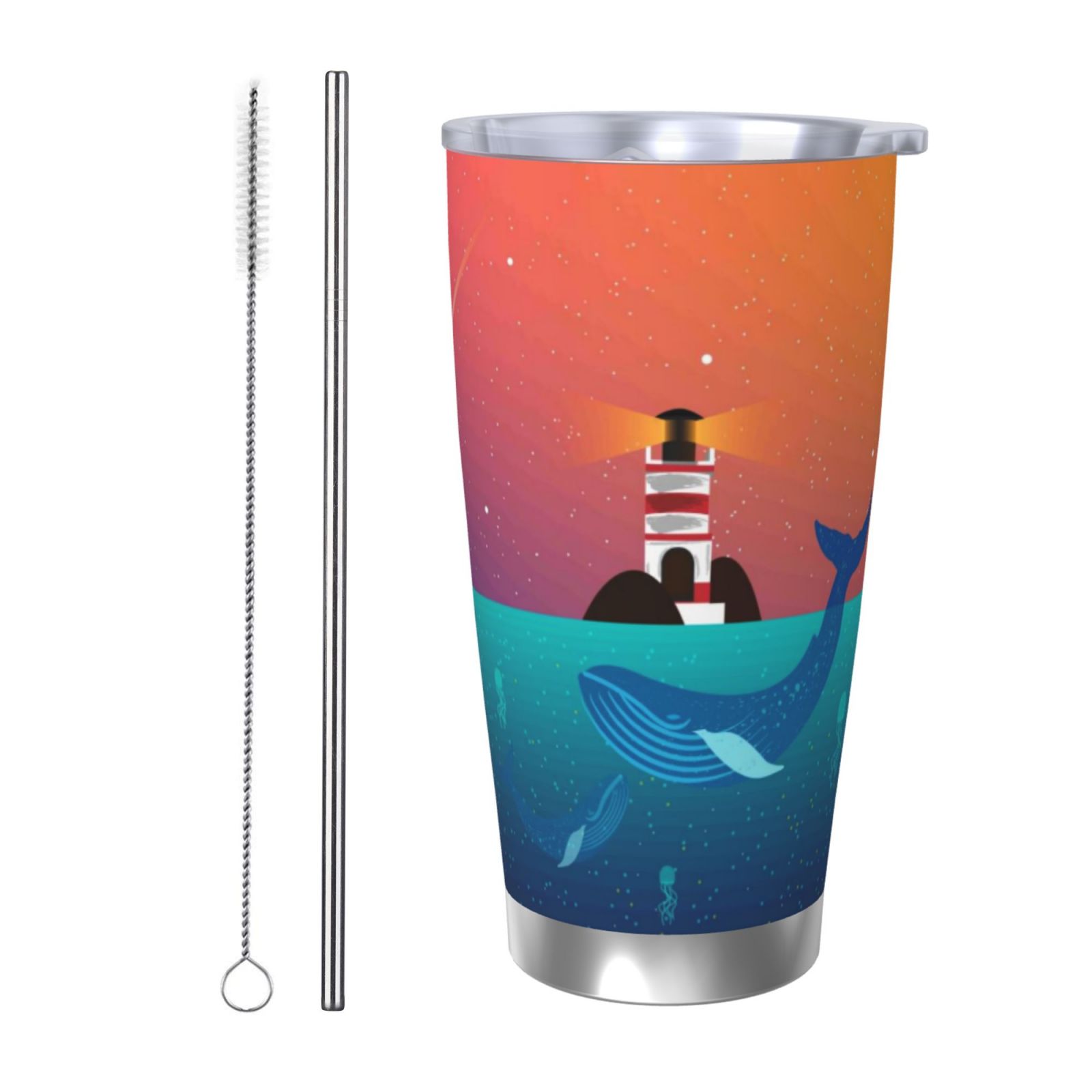 Zufioo Lighthouse and Whale Print 20OZ Stainless Steel Car Cup, Direct ...