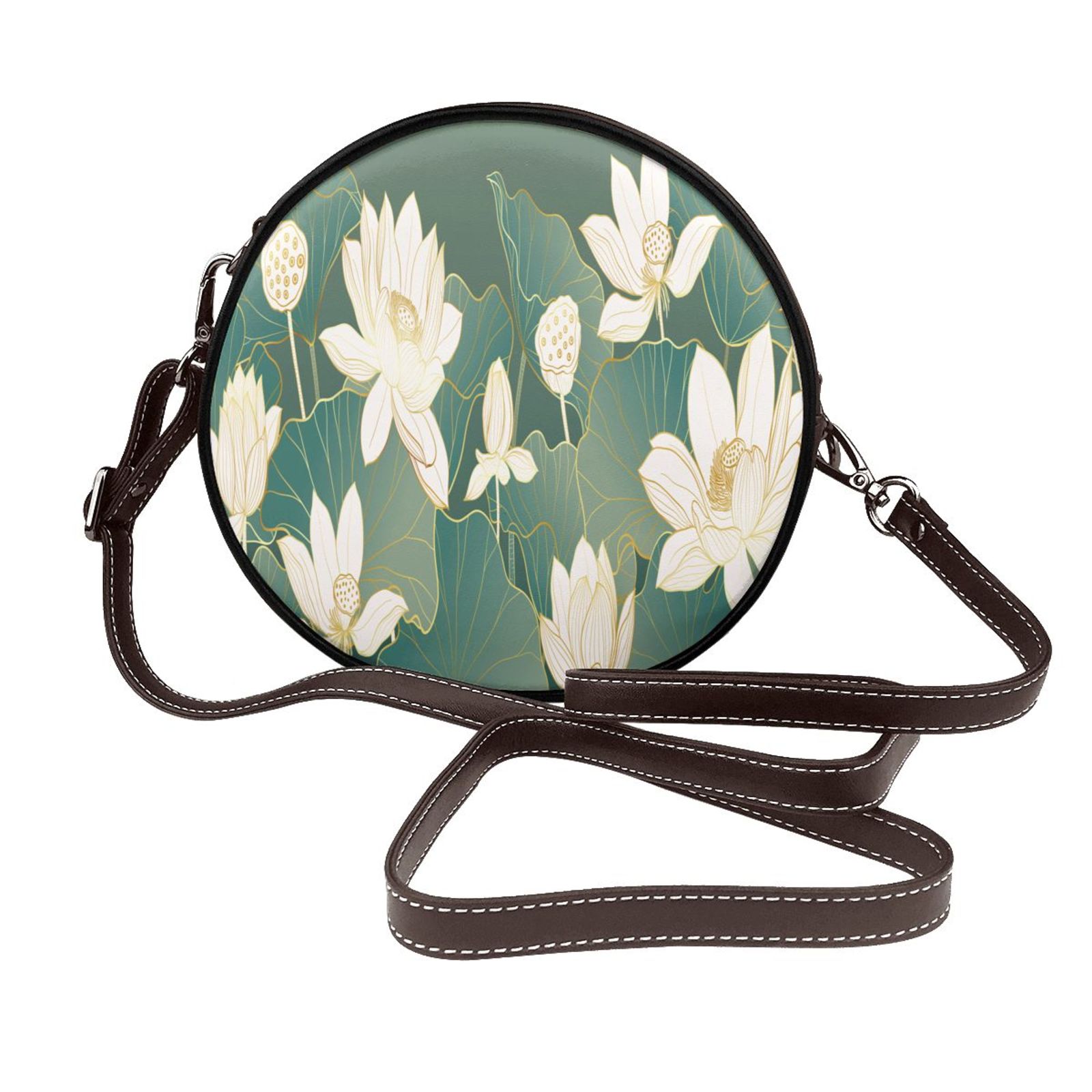 Zufioo Lotus Golden Line Print Leather Shoulder Round Bag, Waterproof ...