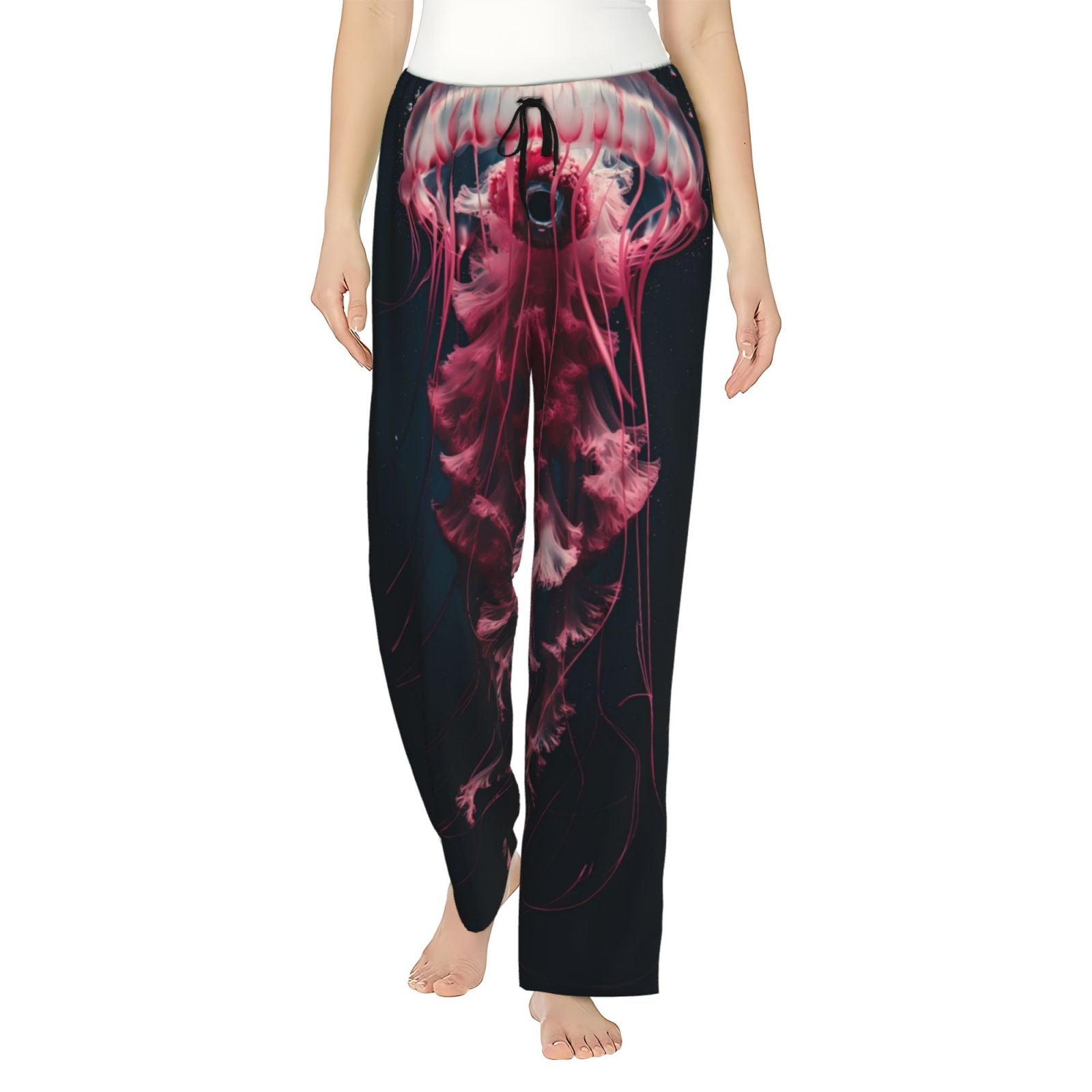 Zufioo Mesmerizing Pink Jellyfish Women Pajama Pants Drawstring Pajama Pants Wide Leg Casual ...
