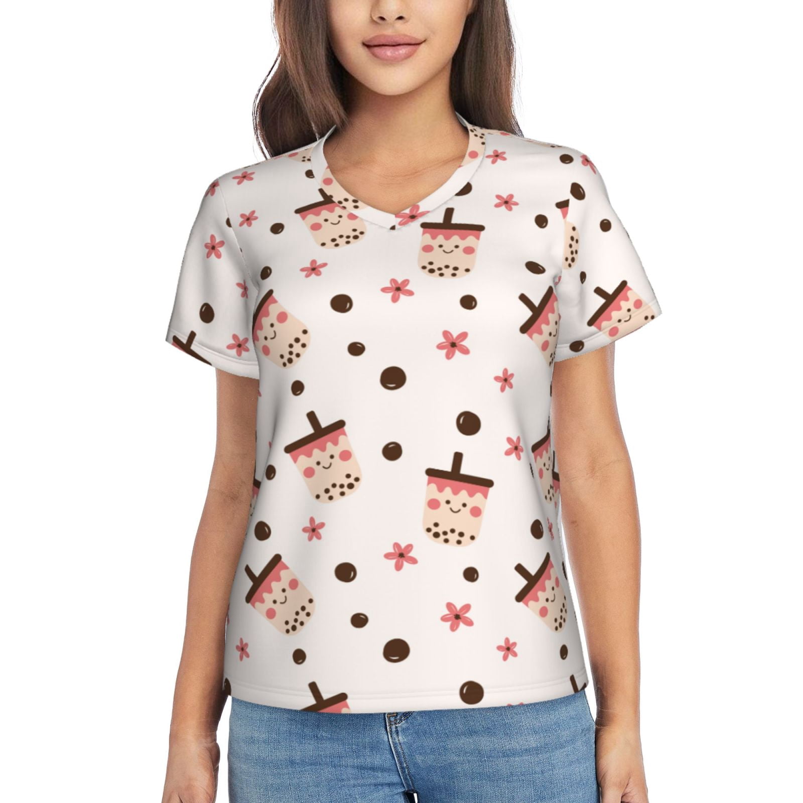 Zufioo Milk Tea Print Women's Classic V-neck T-shirt, V-neck Short ...