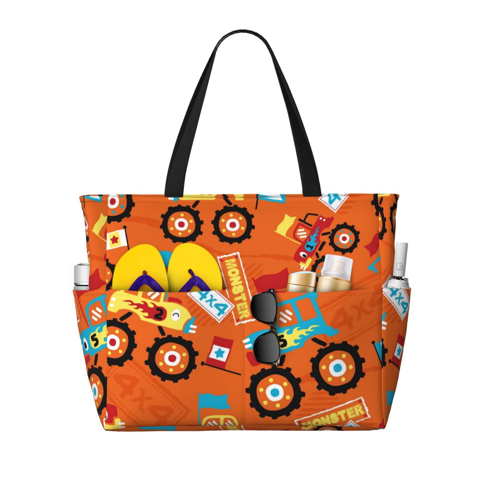 Zufioo Monster Truck Print Large Capacity Beach Travel Bag, Zippered ...