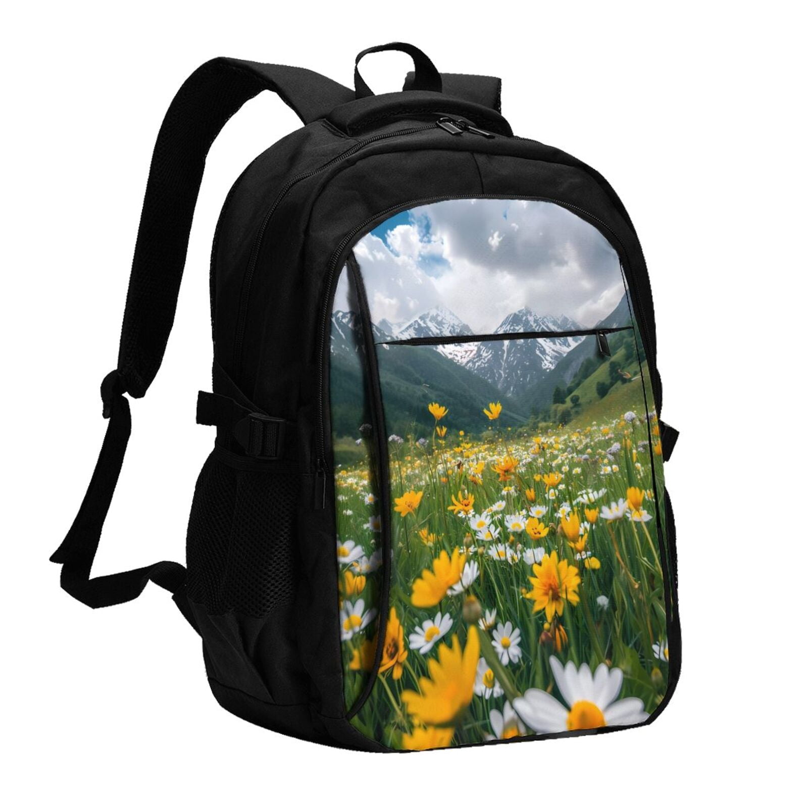 Zufioo Mountain Daisy Meadow Print USB Backpack, Multi-Pocket Design ...