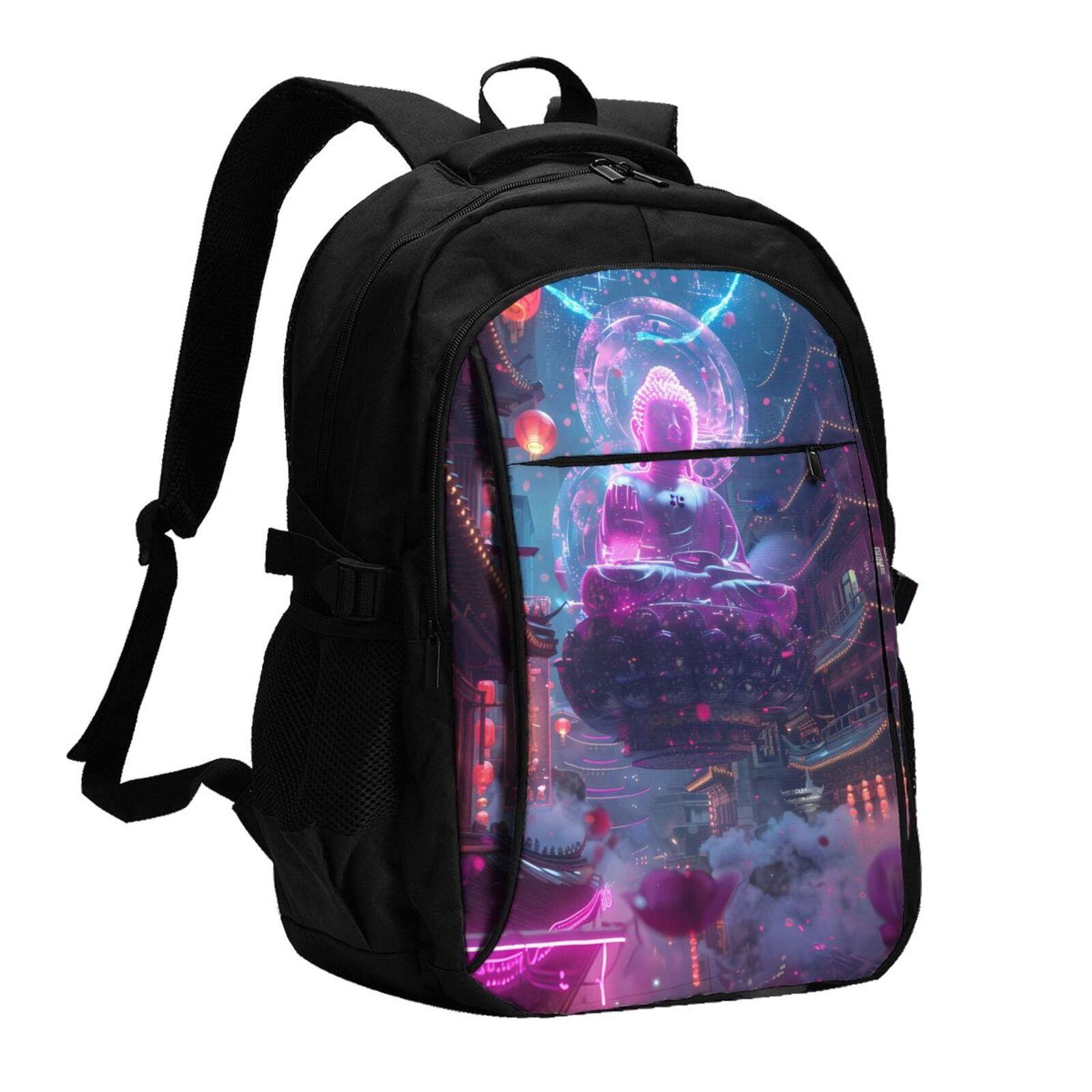 Zufioo Neon Buddha Cityscape Print USB Backpack, Multi-Pocket Design ...