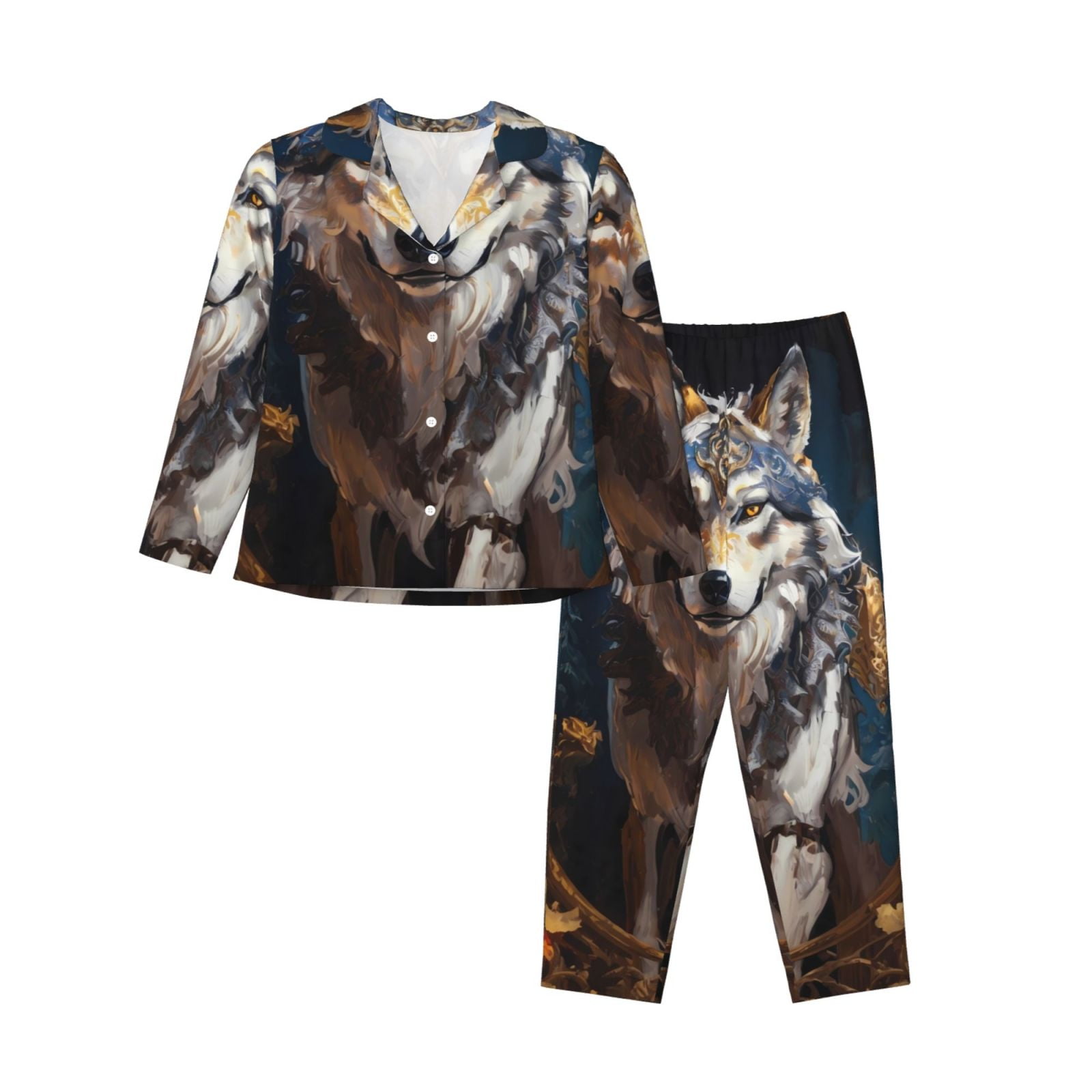 Zufioo Oil Painting Tribal Wolf Women's Pajamas Set Long Sleeve Shirts ...