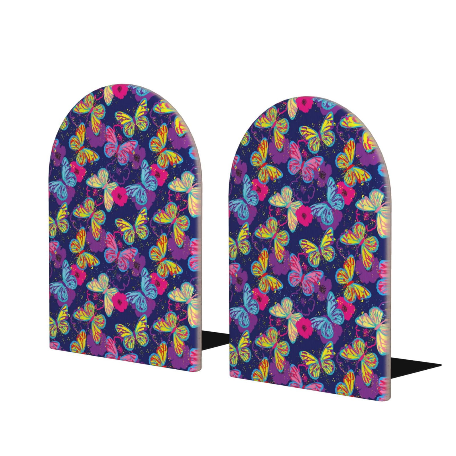 Zufioo Paint Butterflies Print Wooden Bookends, Metal Bookshelf Non ...