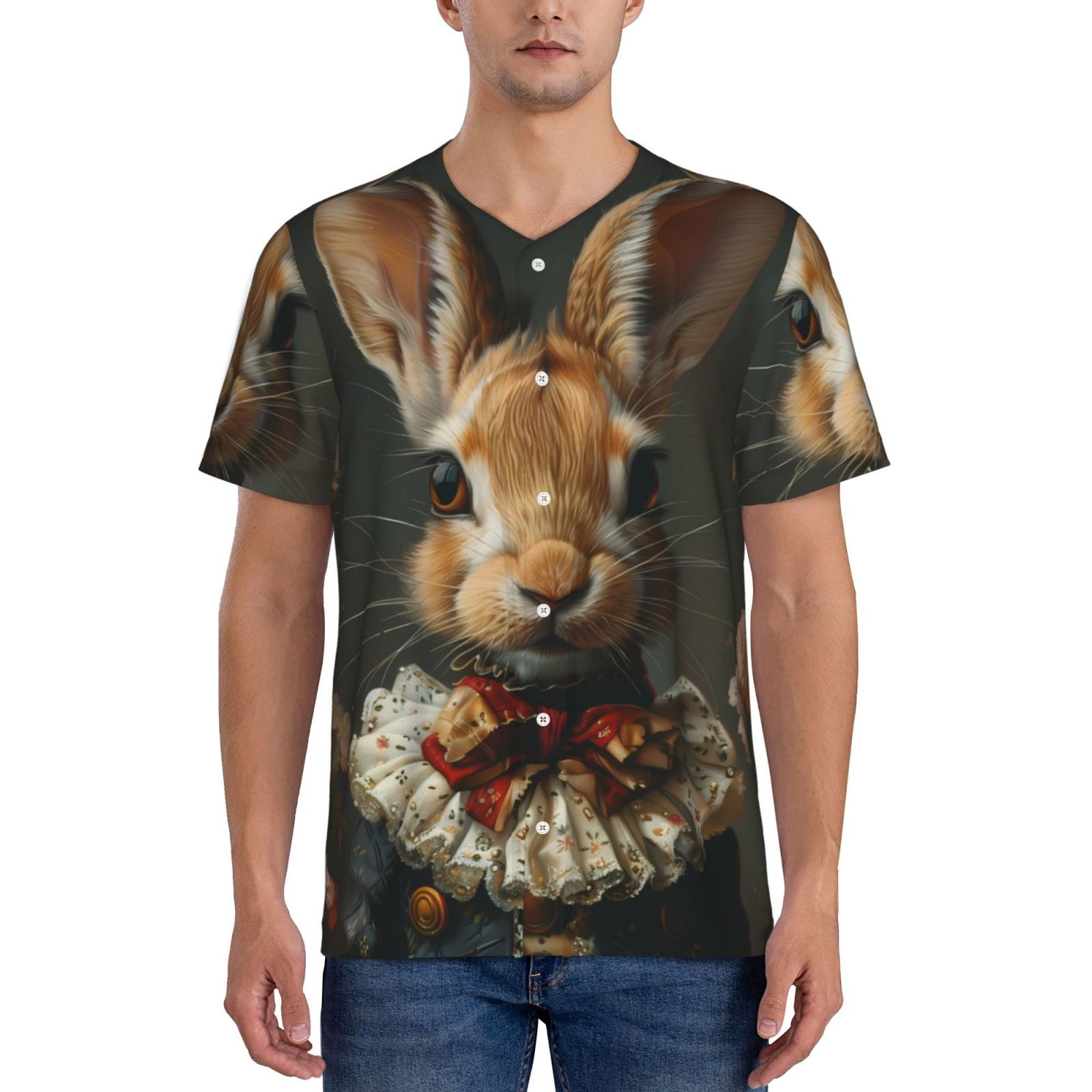 Zufioo Palatial Style Flower Rabbit Print Men's Baseball Short Sleeve ...