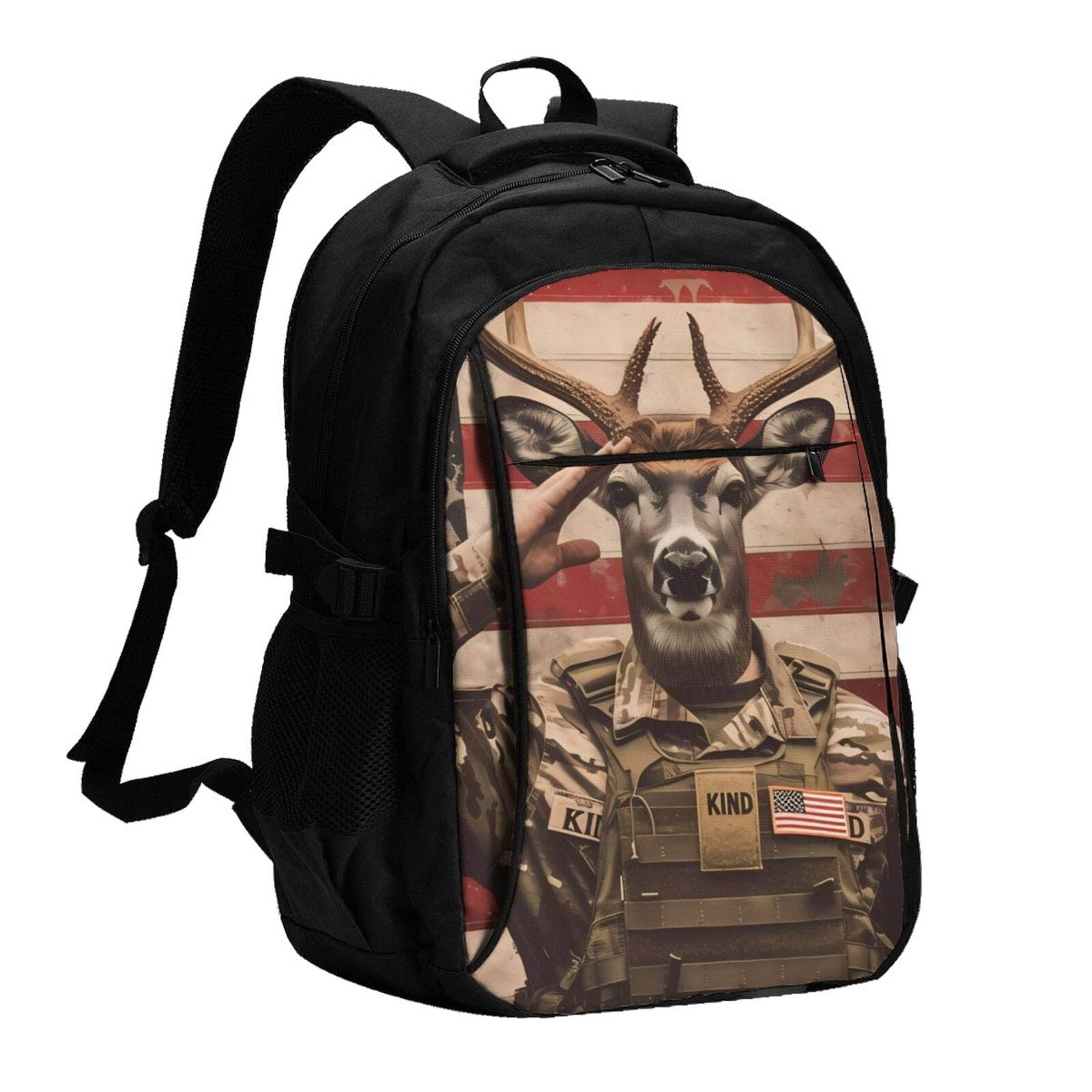 Zufioo Patriotic Deer Soldier Salute Print USB Backpack, Multi-Pocket ...