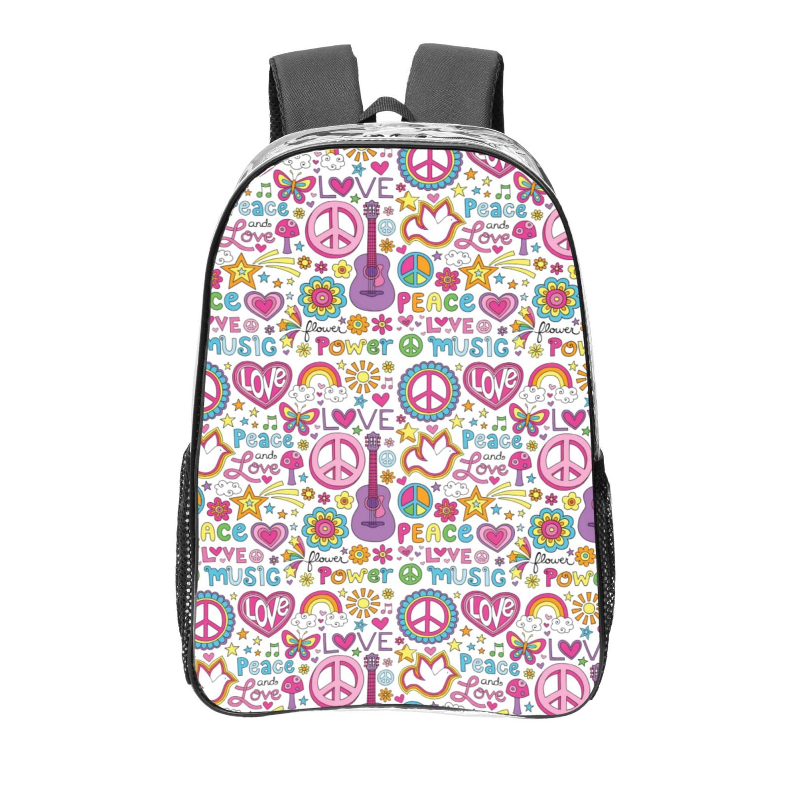 Zufioo Peace Love and Dove Flower Power Print Transparent Backpack, 16 ...