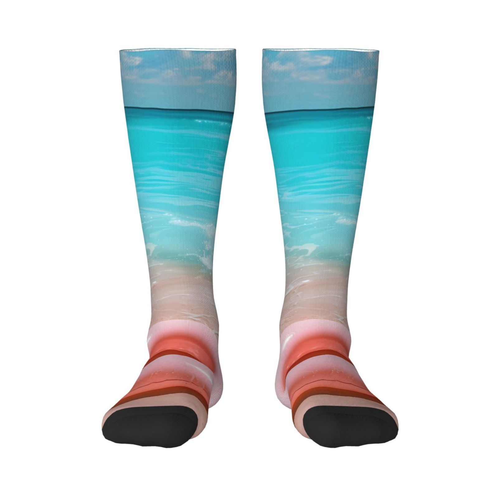 Zufioo Pink Float Ring On Beach Print Long High Thigh Socks Knee-High ...