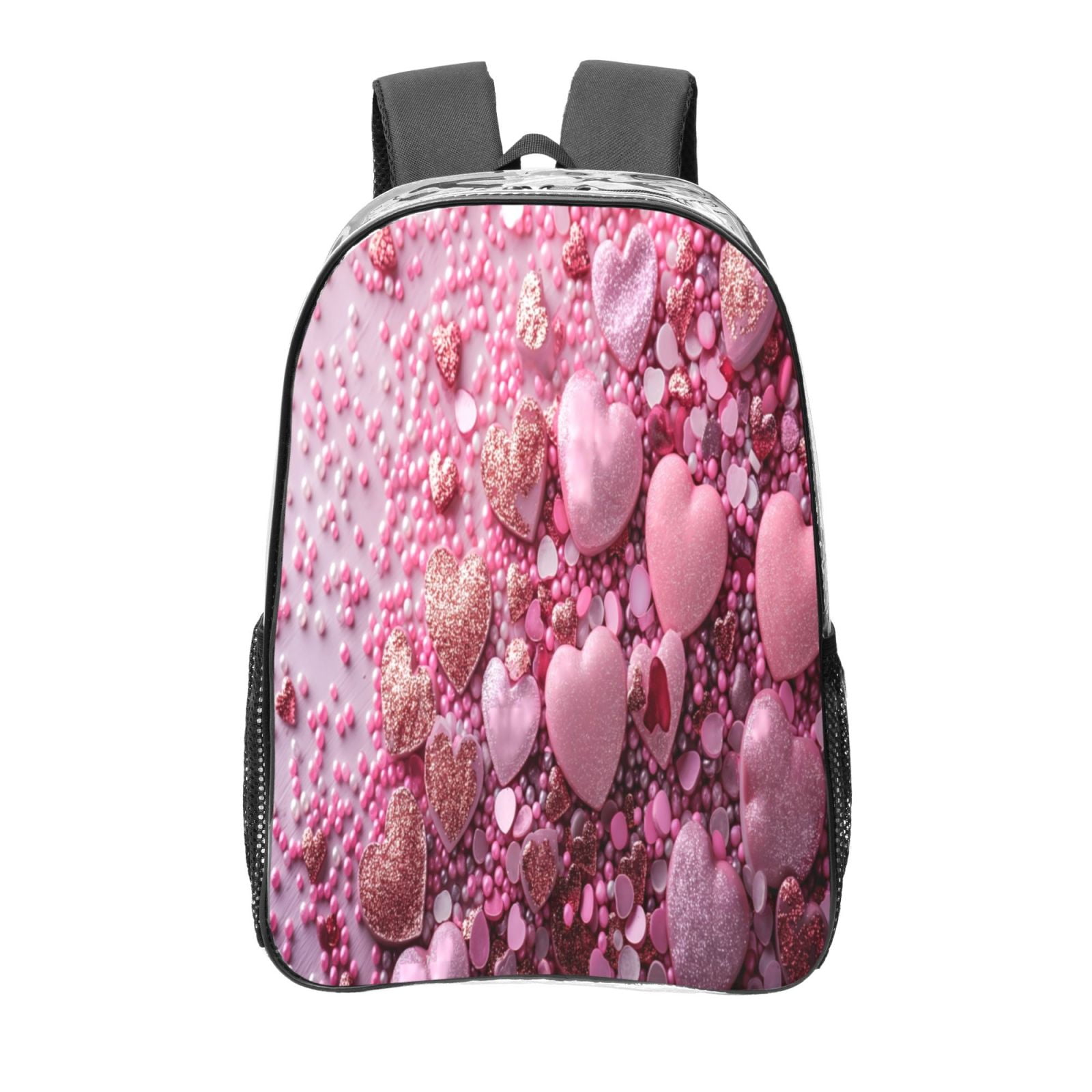 Zufioo Pink Glitter Heart Candy Print Transparent Backpack, 16-inch PVC ...