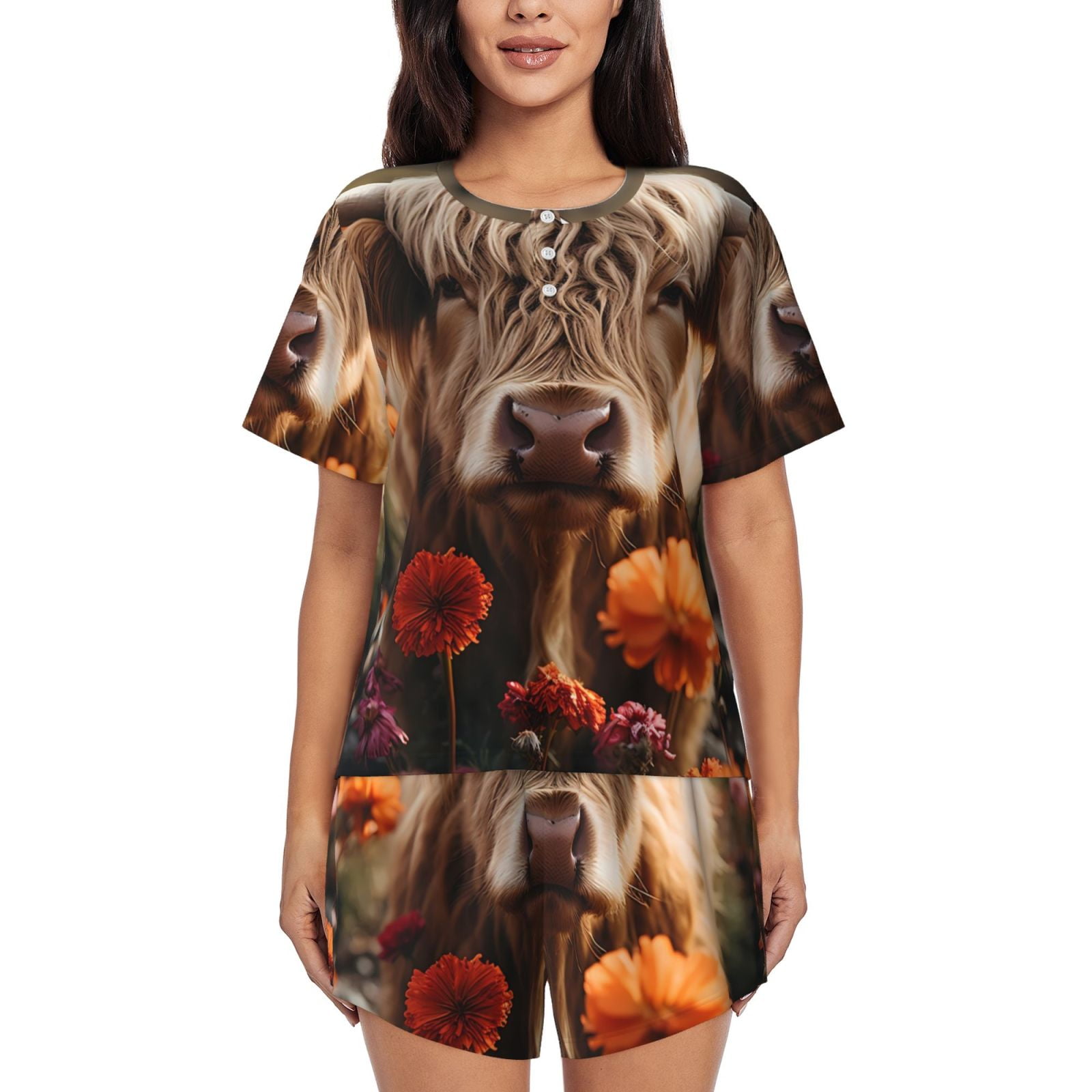 Zufioo Realistic Flower Cow Print Women's Short-sleeved Pajama Set ...