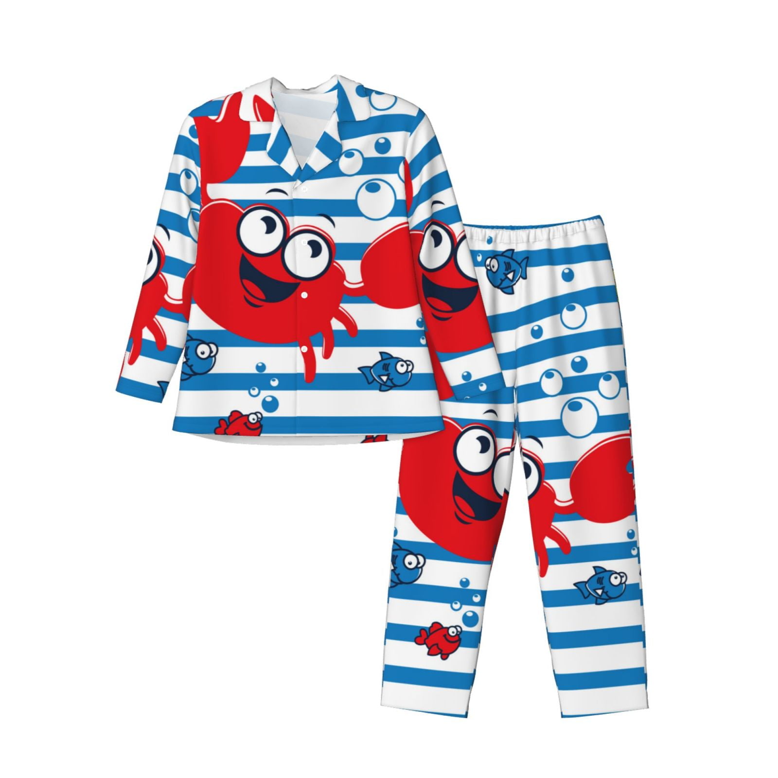 Zufioo Red Funny Crab on Blue Stripe Mens Pajamas Set, Mens Long ...