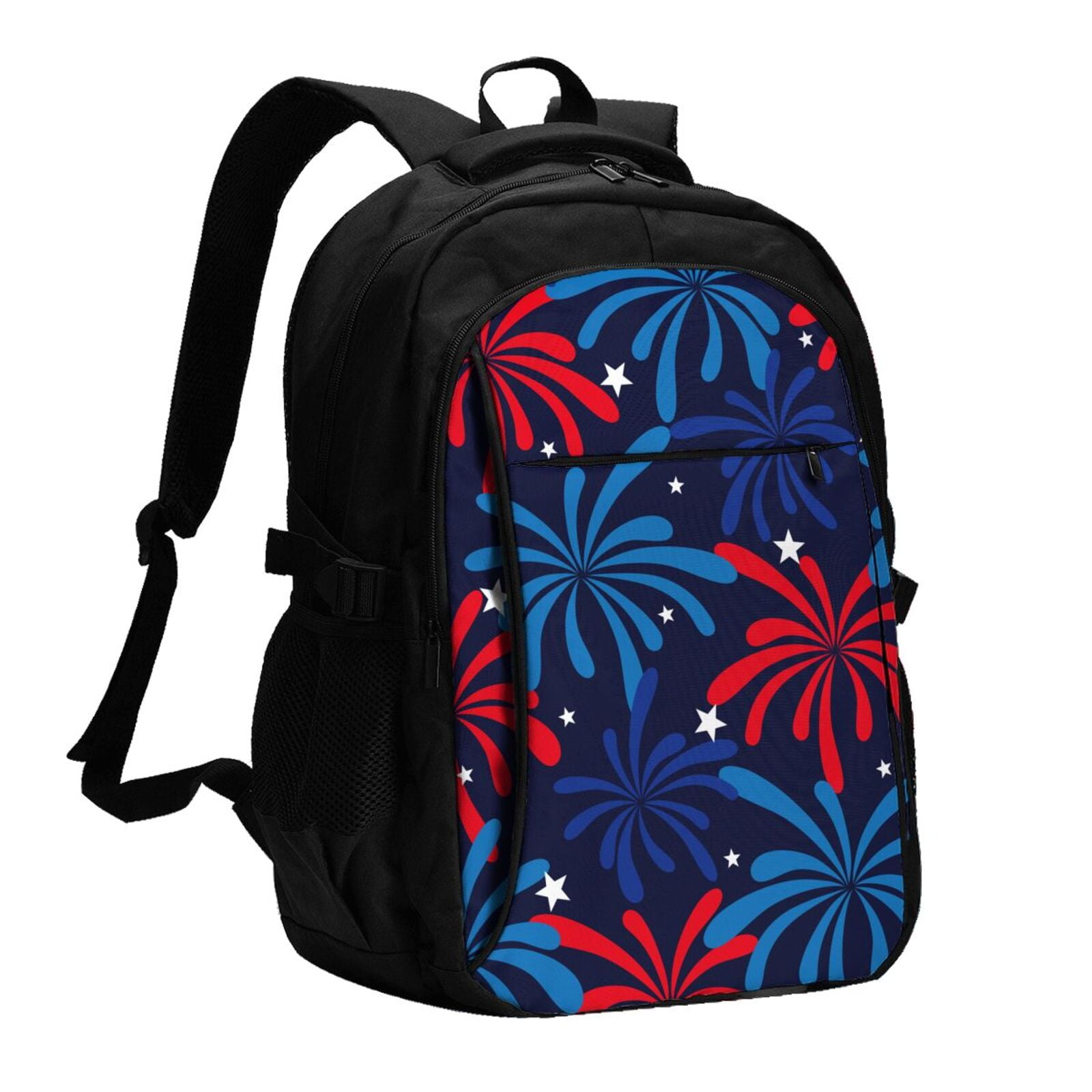 Zufioo Red White Blue Fireworks Print USB Backpack, Multi-Pocket Design ...
