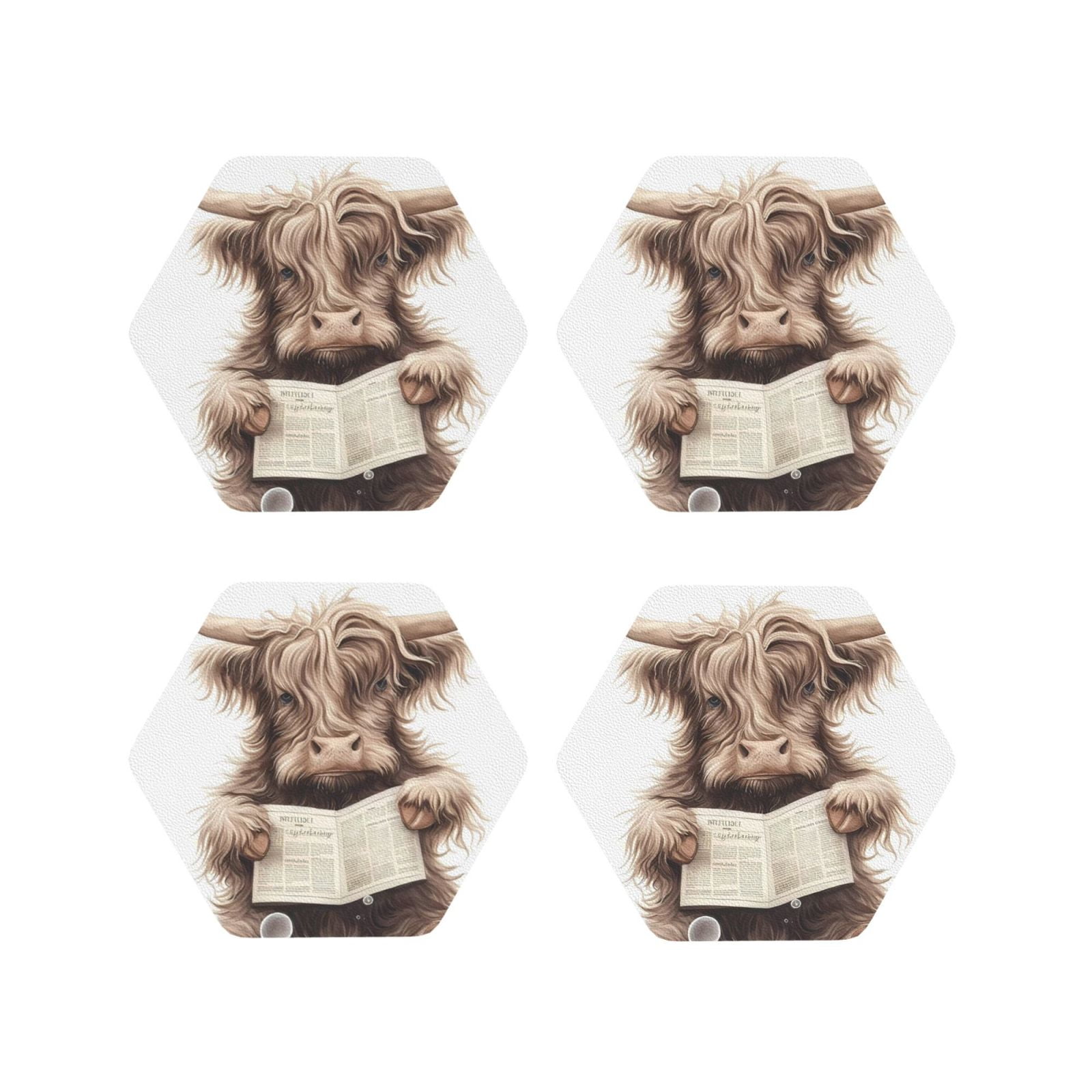Zufioo Relaxed Cute Cow Reading Print Leather Coaster Set, Decorative ...
