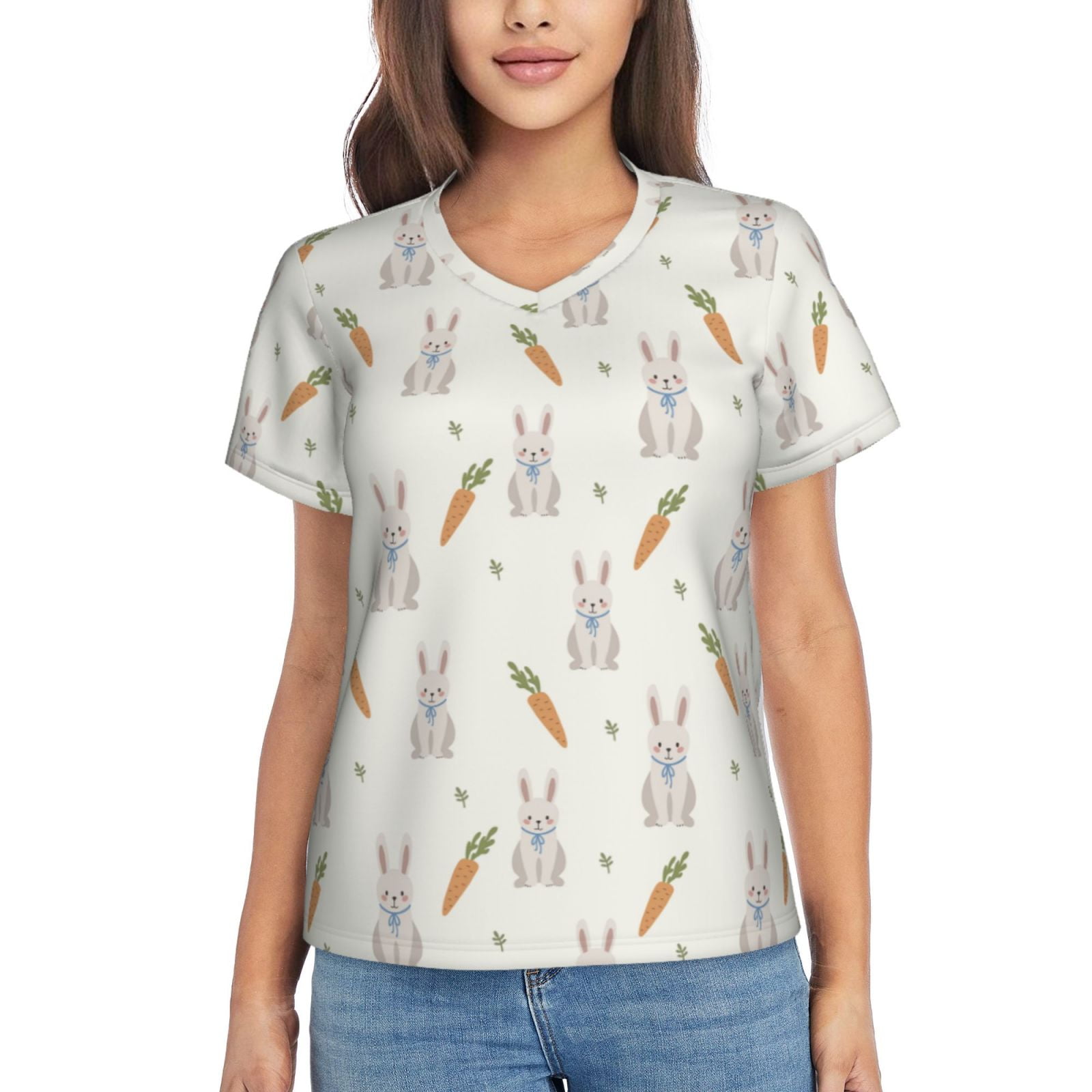 Zufioo Retro Rabbit Print Women's Classic V-neck T-shirt, V-neck Short ...