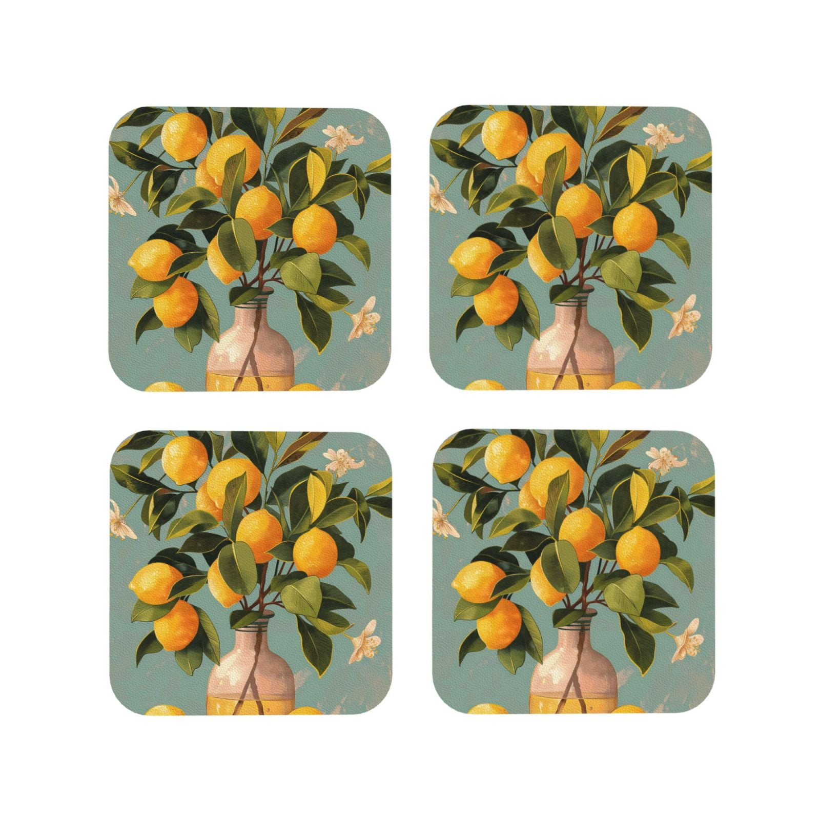 Zufioo Retro Warm Lemon Flower Print Leather Coaster Set, Decorative ...