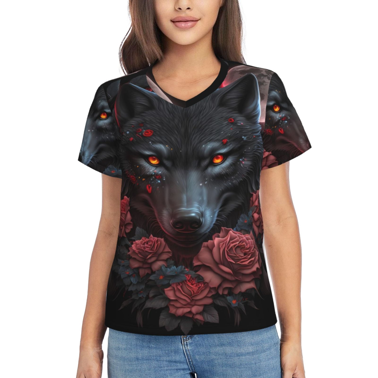 Zufioo Rose Full Moon Black Wolf Print Women's Classic V-neck T-shirt ...