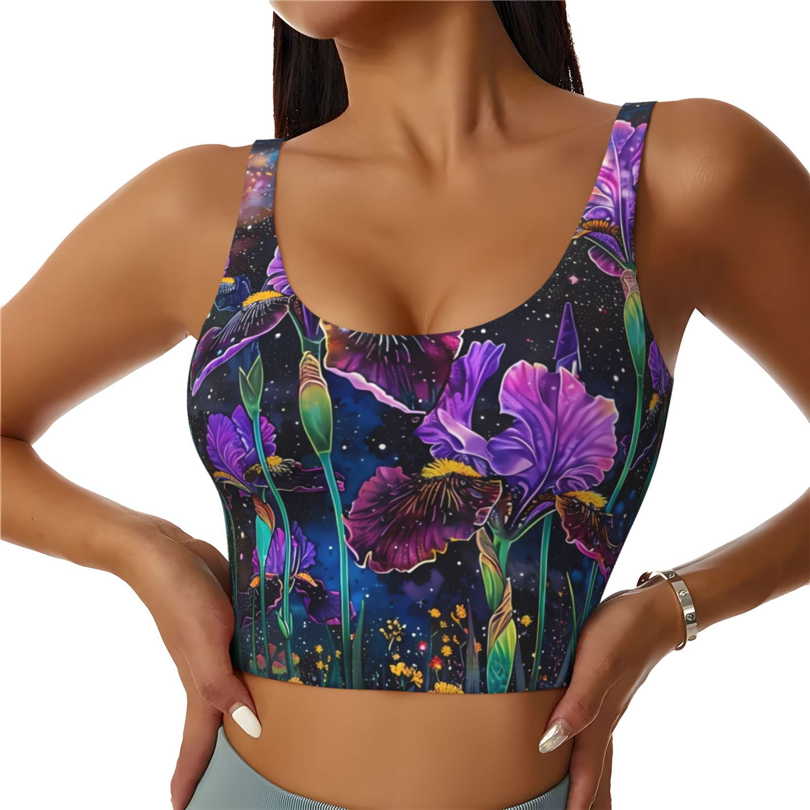 Zufioo Starry Night Iris Field Print Women's Sports Vest, U-shaped Removable Chest Pad Sports ...