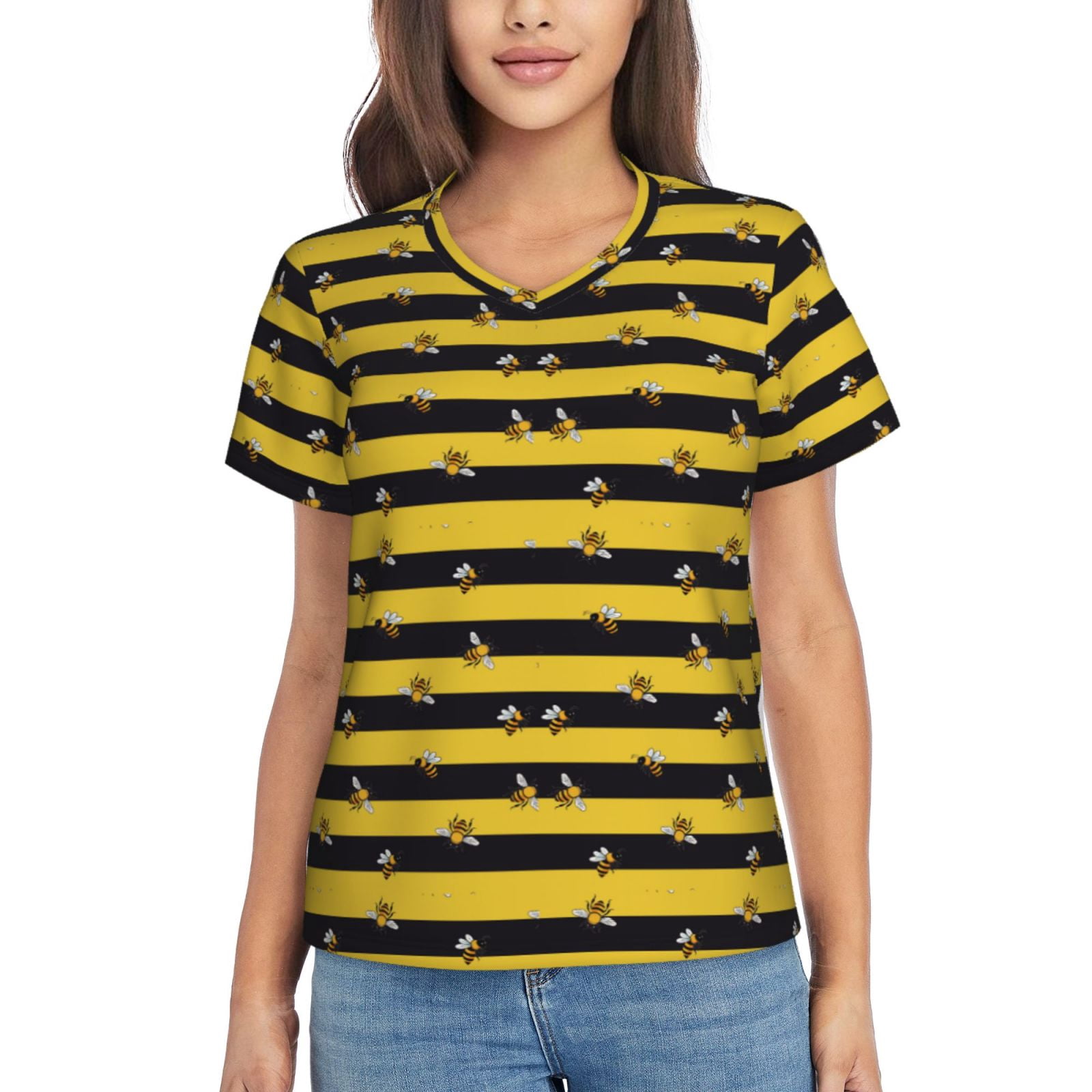 Zufioo Striped With Bees Print Women's Classic V-neck T-shirt, V-neck ...