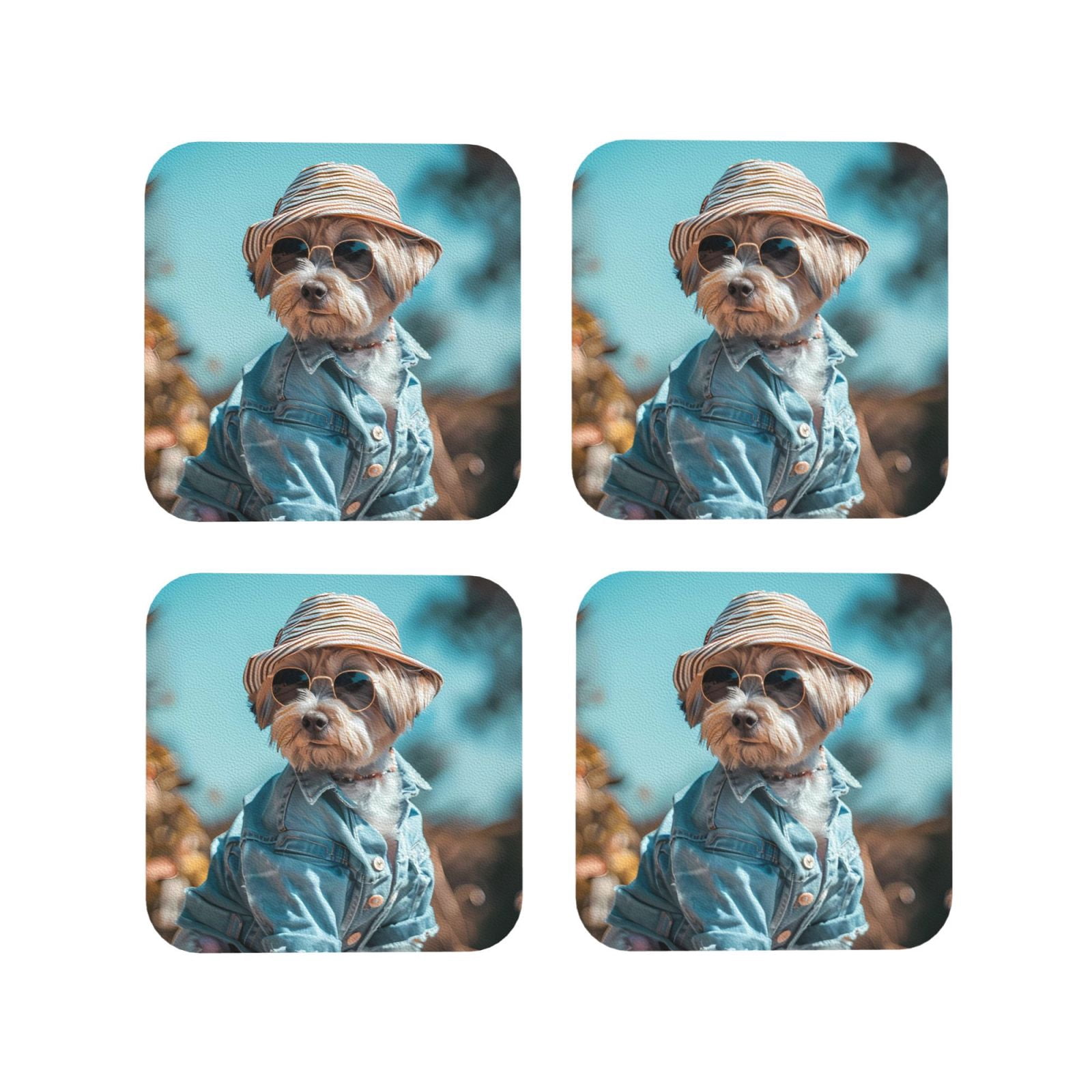 Zufioo Stylish Dog in Denim Outfit Print Leather Coaster Set ...