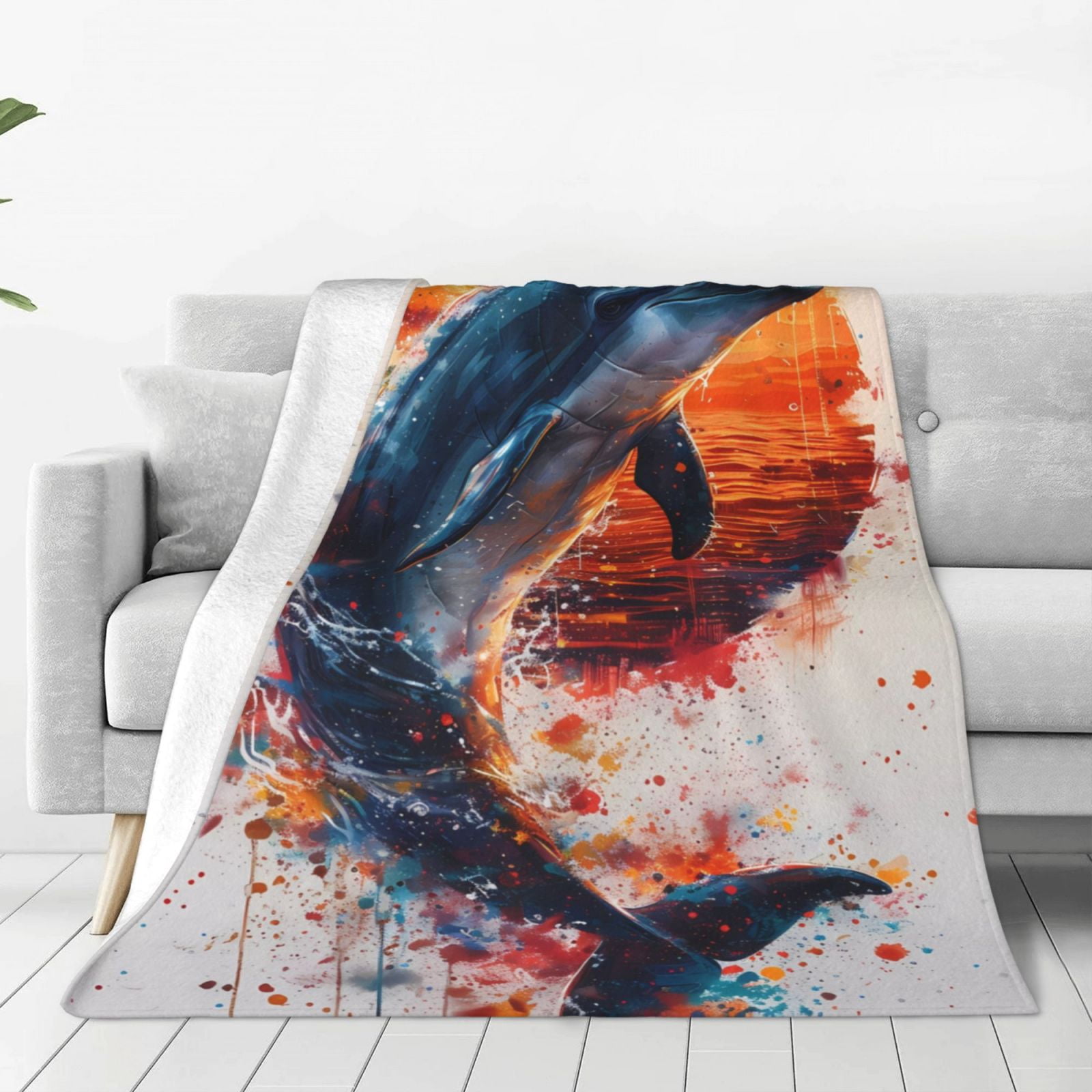 Zufioo Sunset Ocean Watercolor Dolphin Fleece Blanket Queen Size,Plush ...