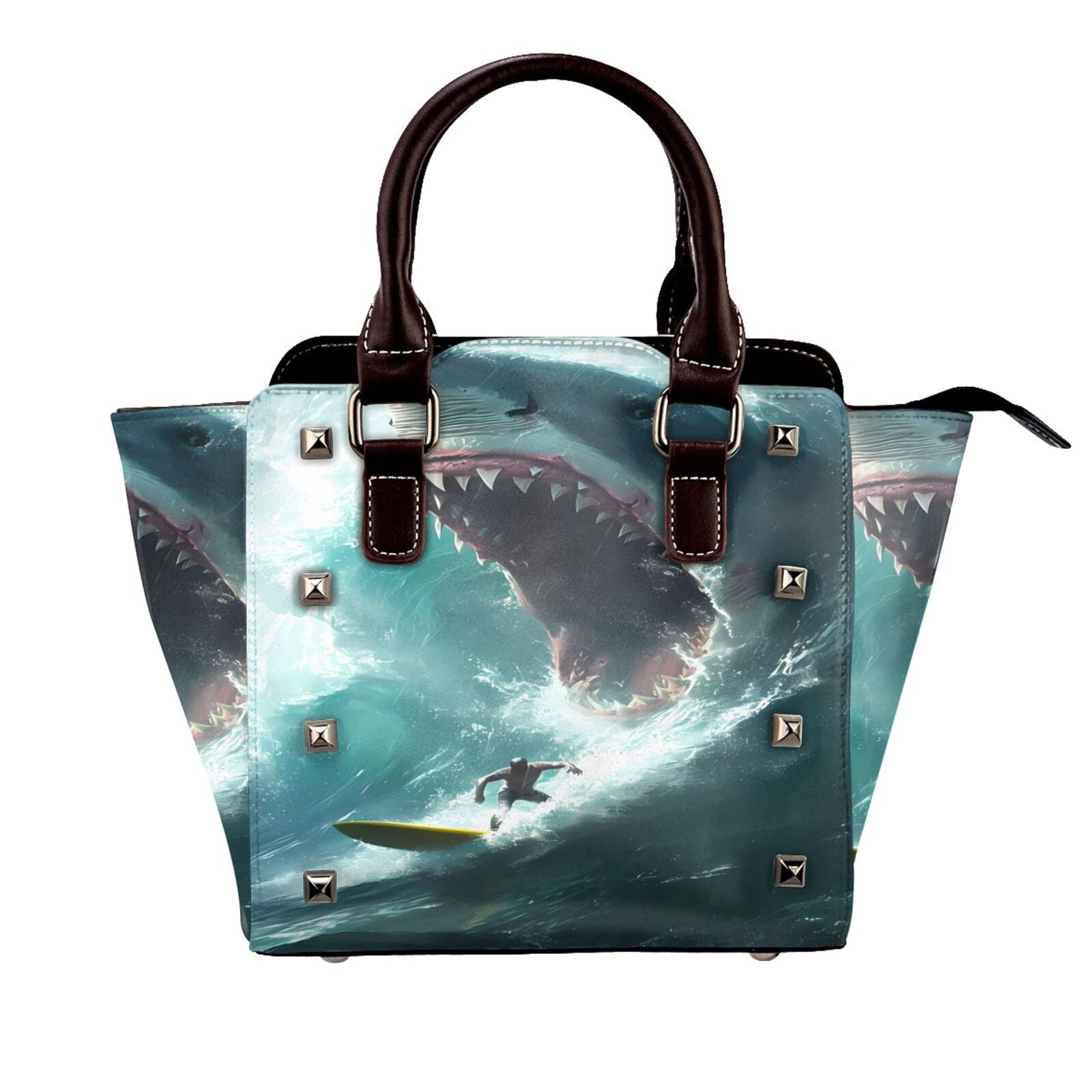 Zufioo Surfing Shark Print Leather Rivet Shoulder Bag, Microfiber PU ...