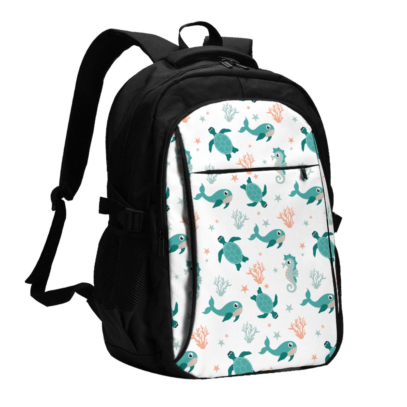 Zufioo Turtles And Seahorses Print USB Backpack, Multi-Pocket Design ...