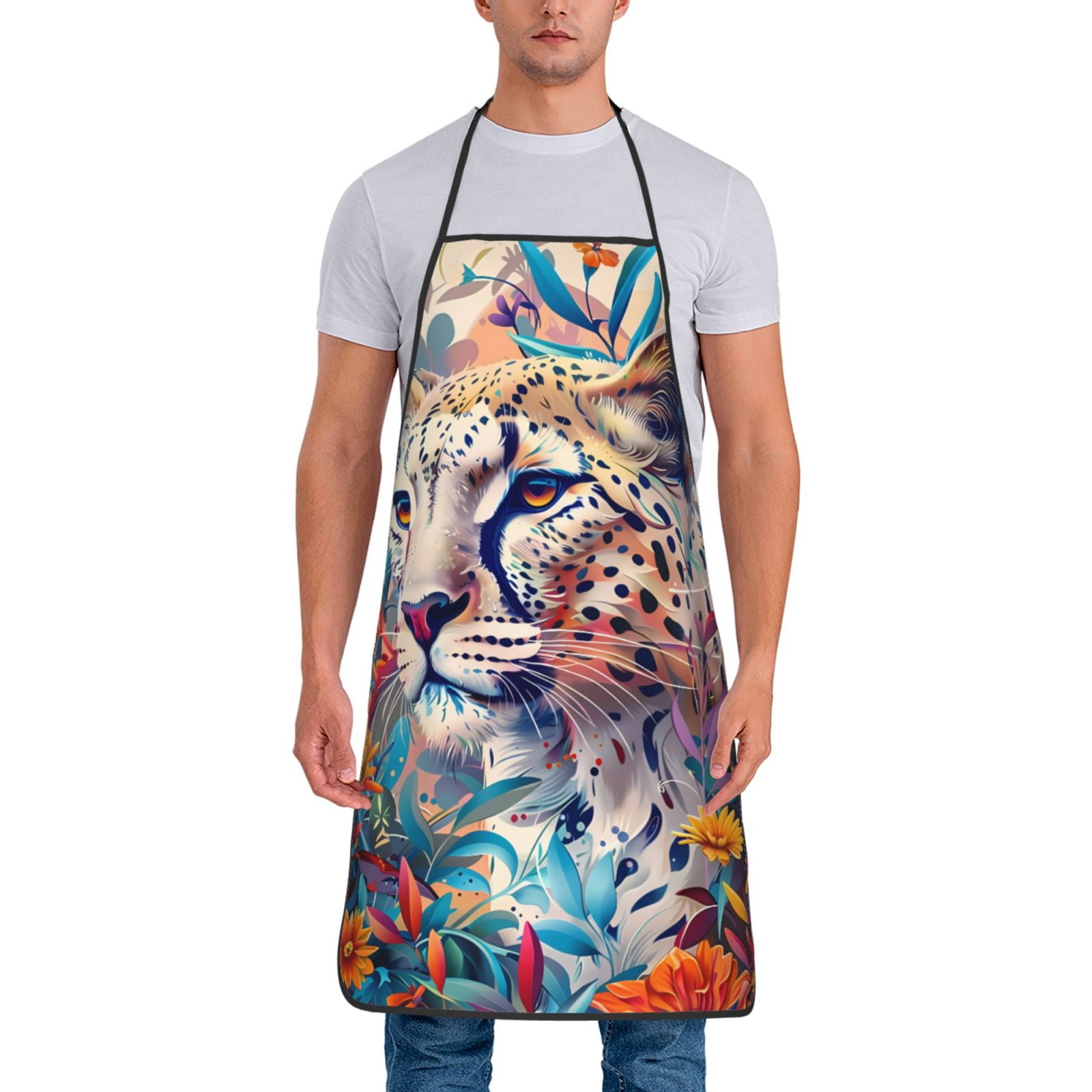 Zufioo Vibrant Leopard In Flowers Print Tie-up Apron, Unisex Kitchen ...