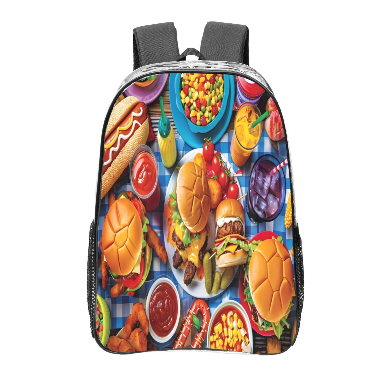 Zufioo Vibrant Picnic Food Spread Print Transparent Backpack, 16-inch ...