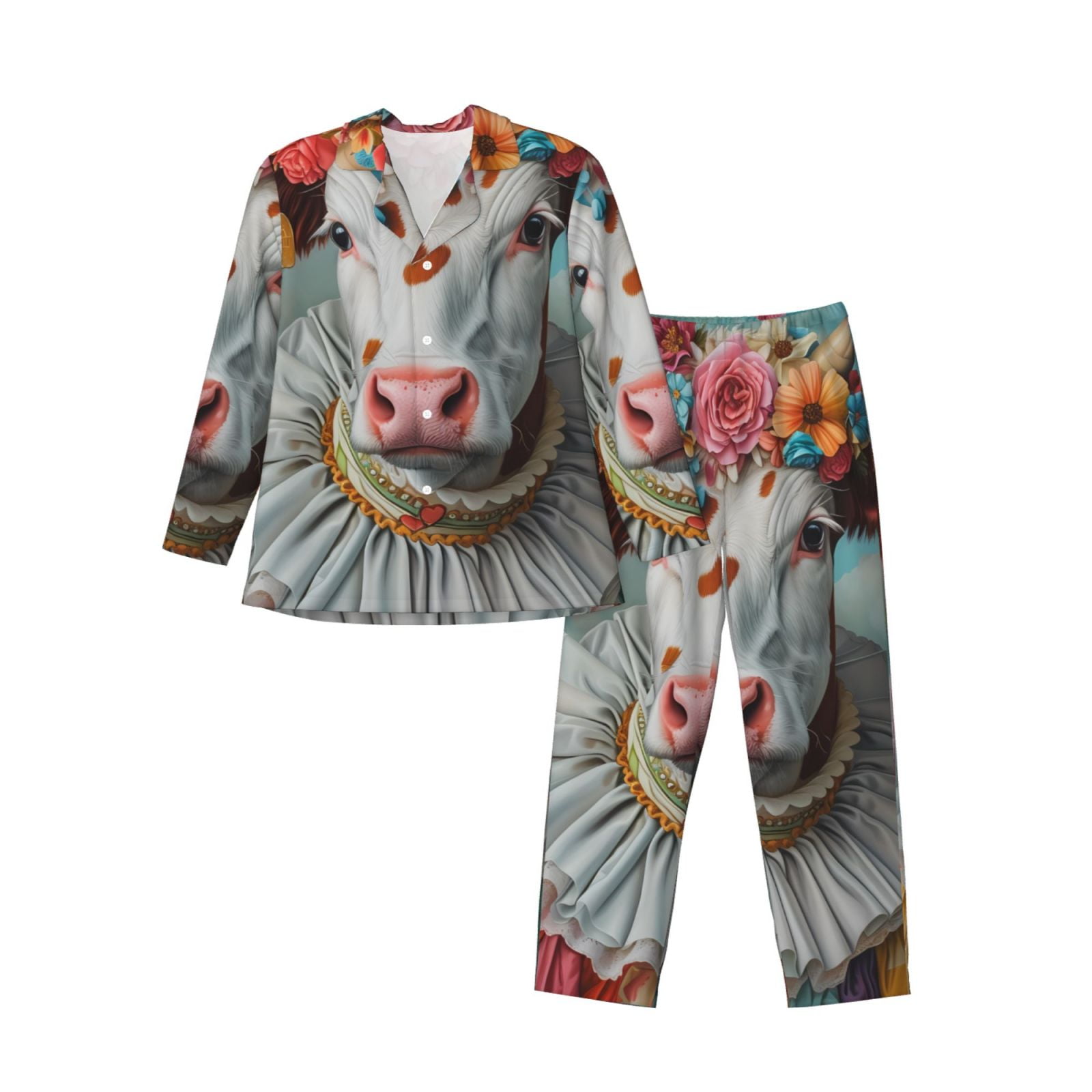 Zufioo Vintage Colorful Floral Cow Mens Pajamas Set, Mens Long-Sleeved ...